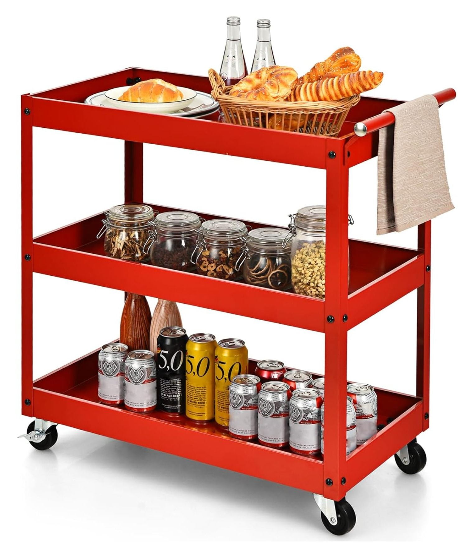 3 Tier Utility Cart, Heavy Duty Metal Rolling Cart on Wheels with Brake, 330LBS Capacity Push ...