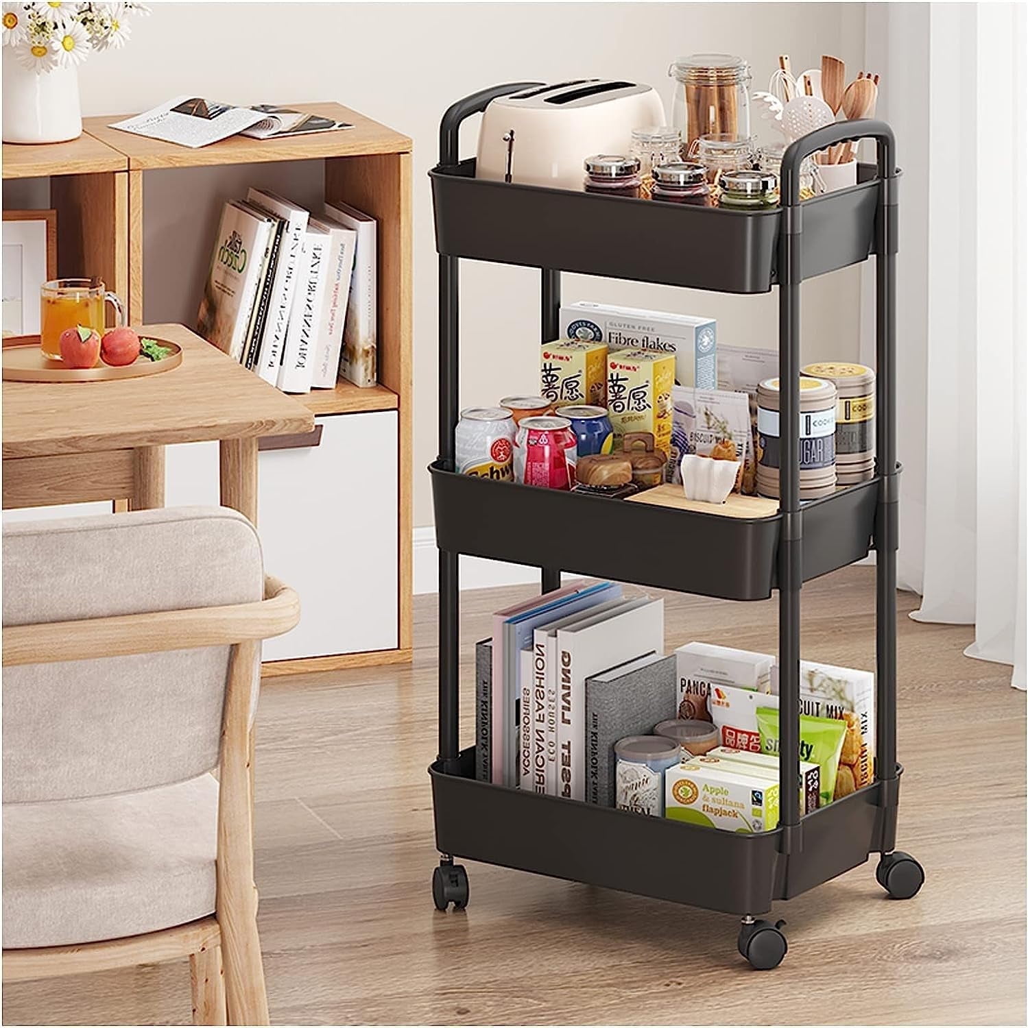 3 Tier Utility Cart with Wheels, Waterproof Storage Cart, Rolling Cart ...