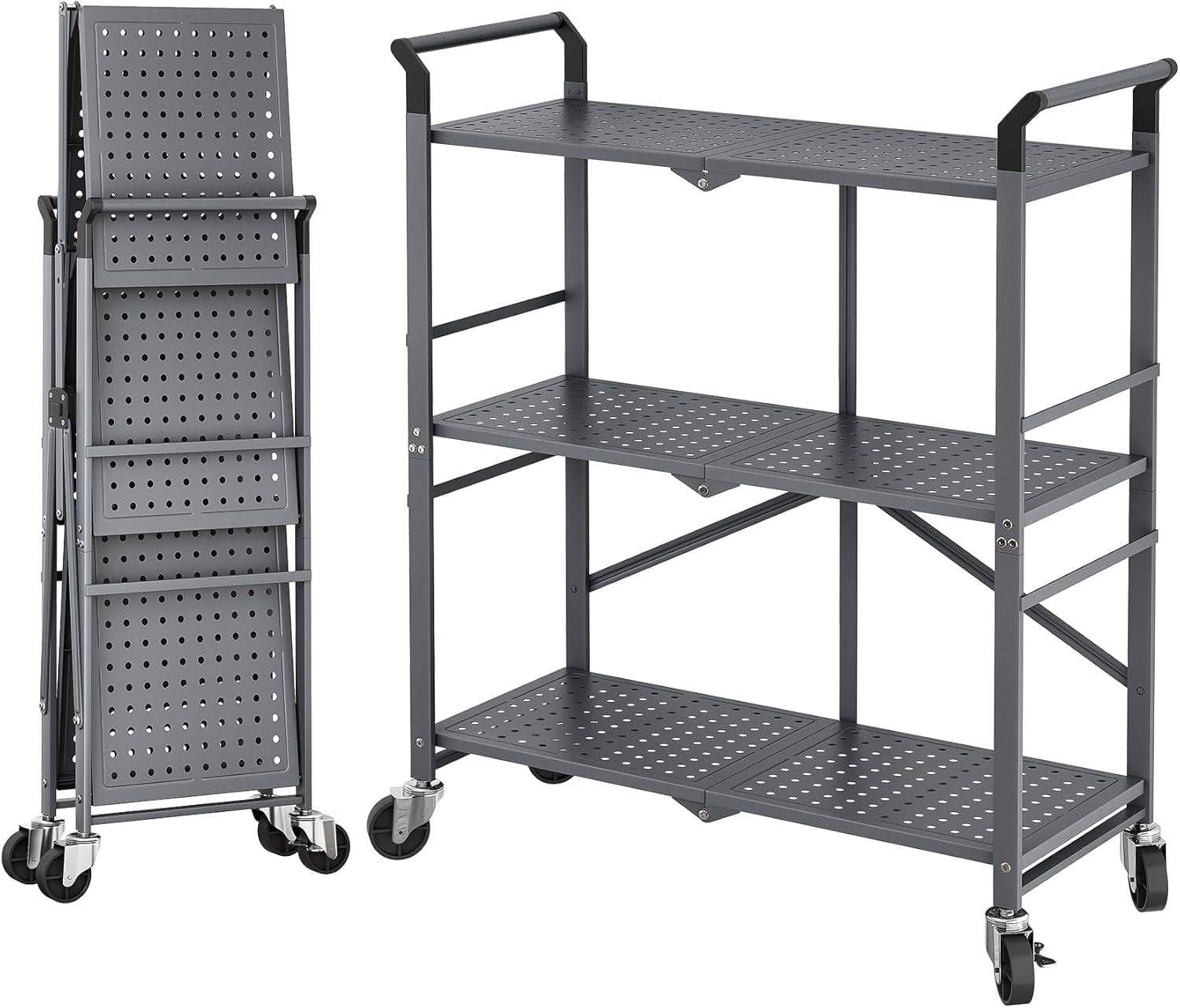 3 Tier Utility Carts - Folding Metal Rolling Cart with Wheels for ...