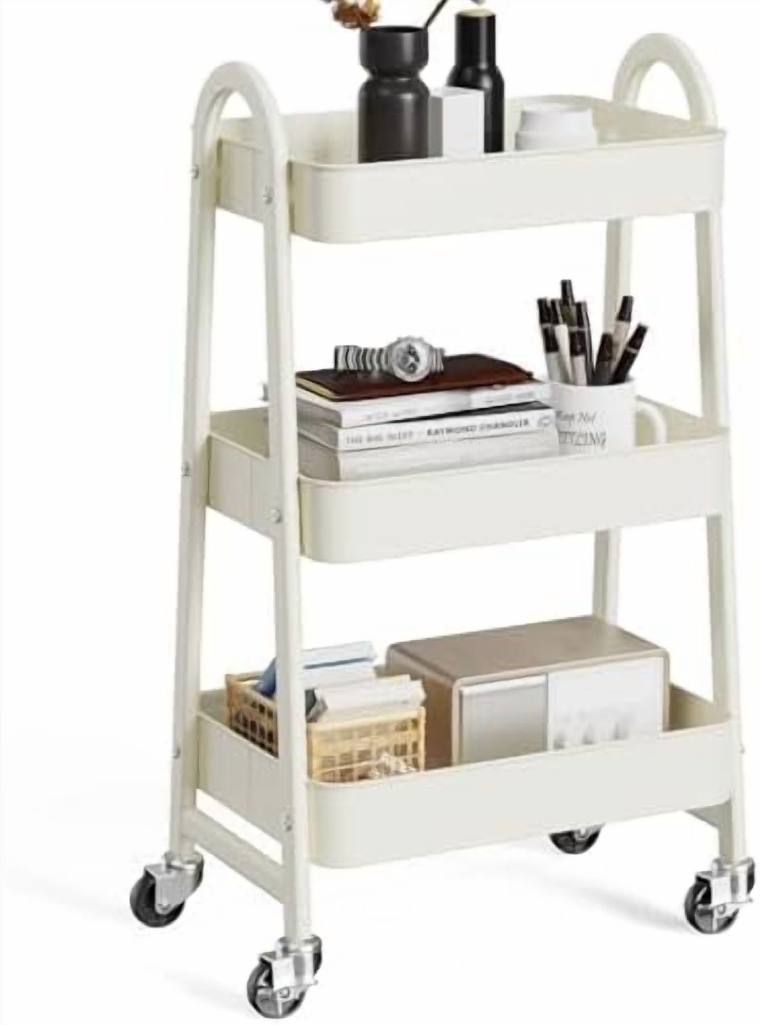 3 Tier Utility Rolling Cart, Metal Mobile Storage Shelf with Lockable ...