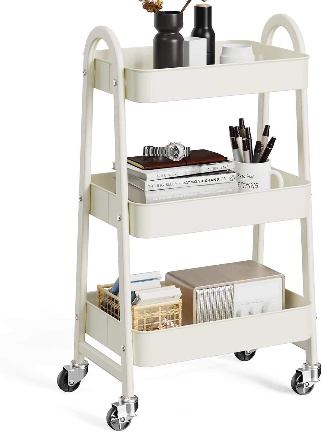 3 Tier Utility Rolling Cart, Metal Mobile Storage Shelf with Lockable ...