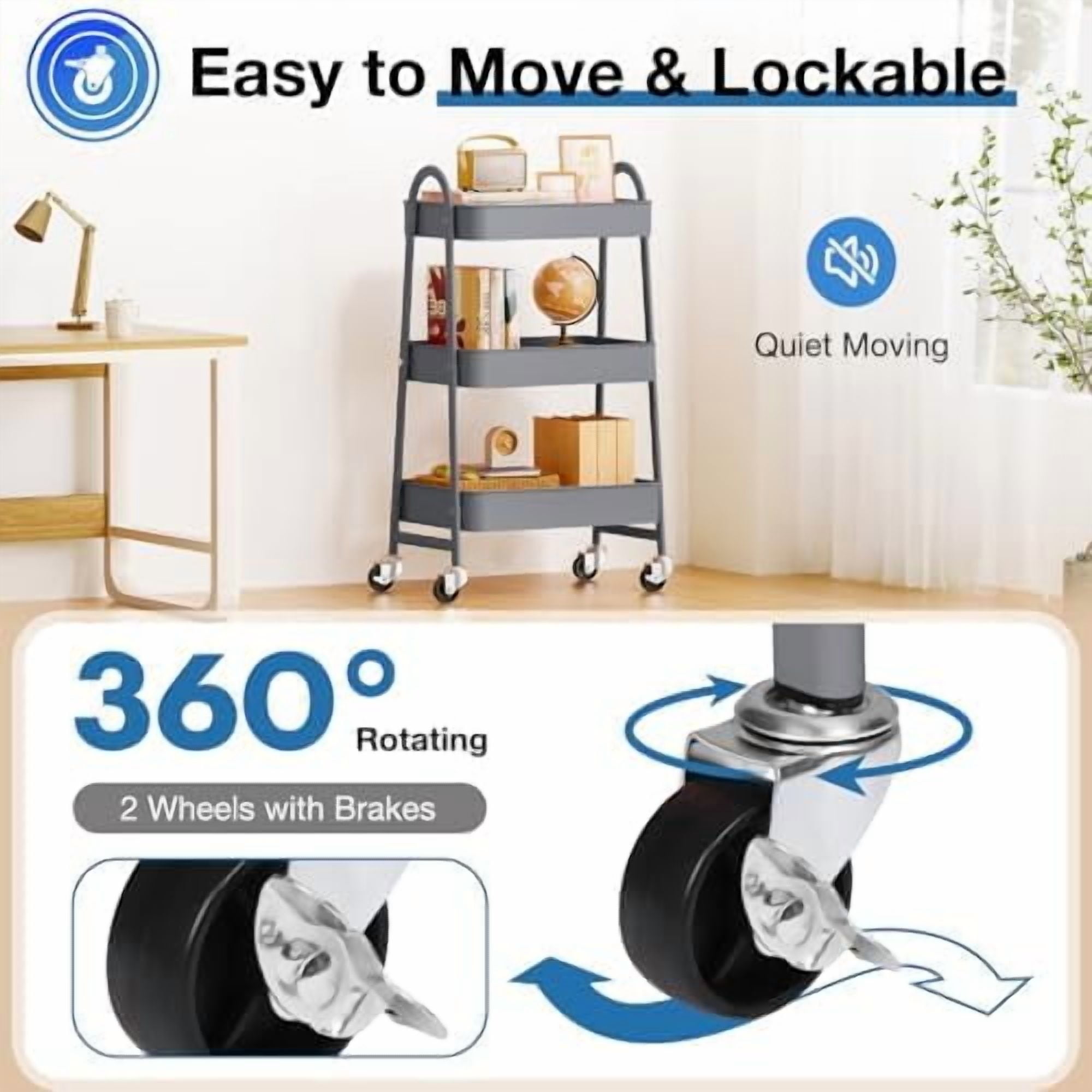 3 Tier Utility Rolling Cart, Metal Mobile Storage Shelf with Lockable ...