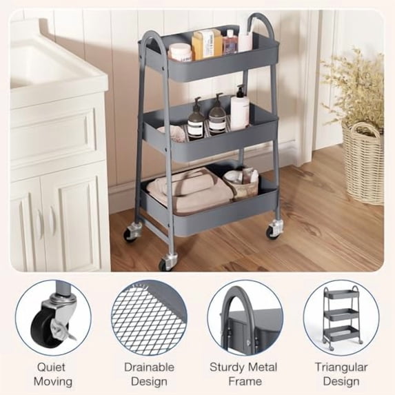 3 Tier Utility Rolling Cart, Metal Mobile Storage Shelf with Lockable ...