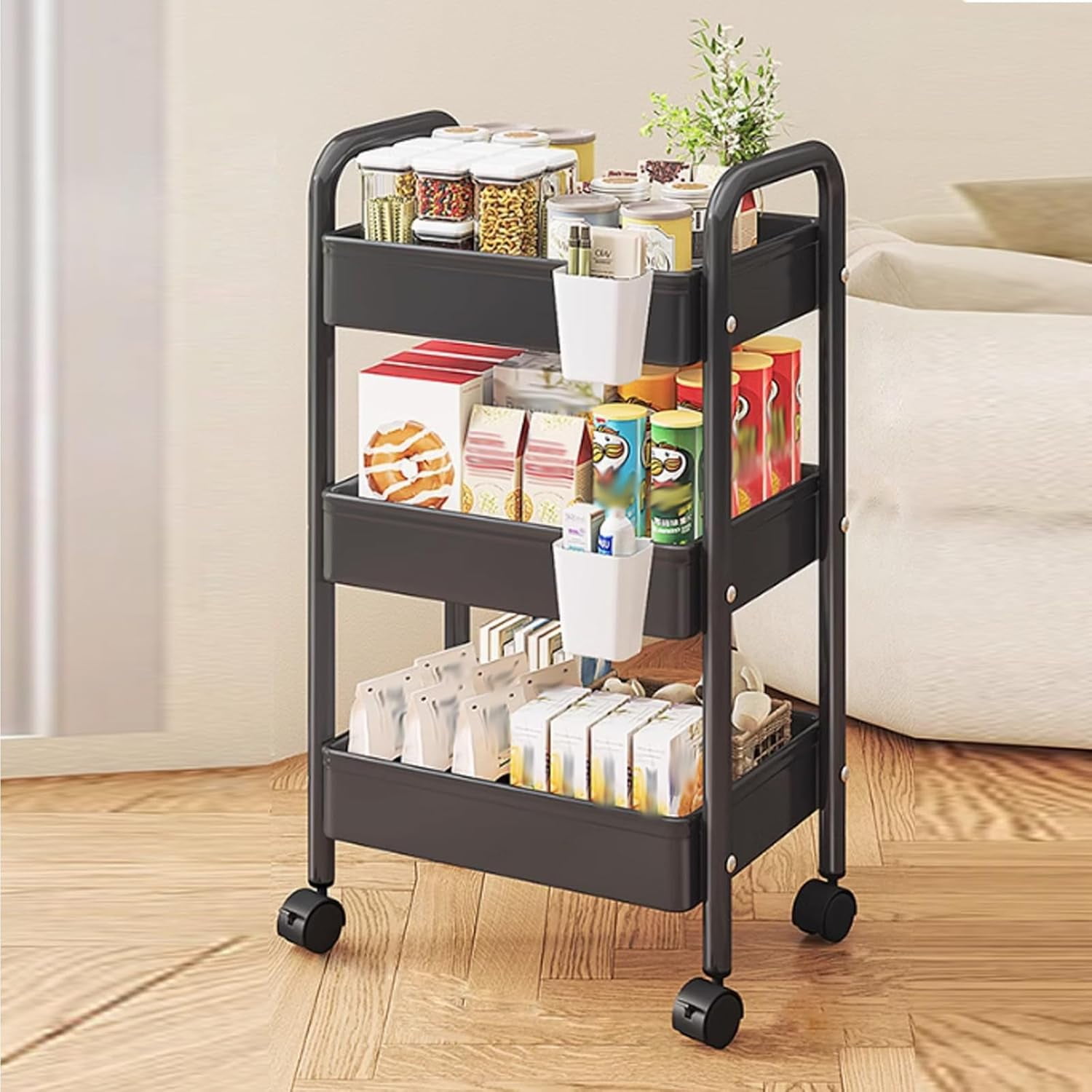 3 Tier Utility Rolling Cart,Metal Storage Cart with Handle and Lockable ...