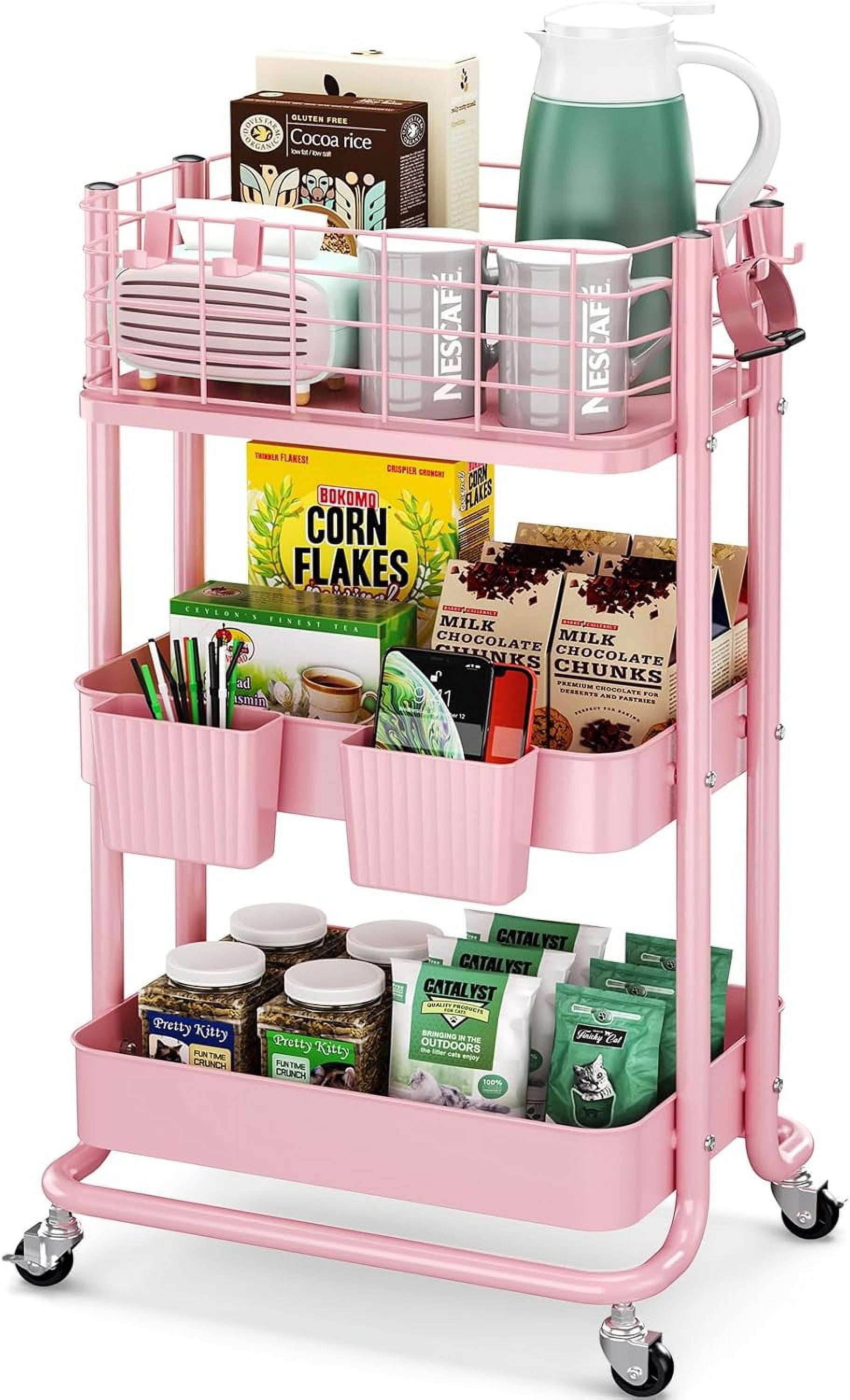 3 Tier Utility Rolling Cart, Metal Storage Cart with Lockable Wheels ...