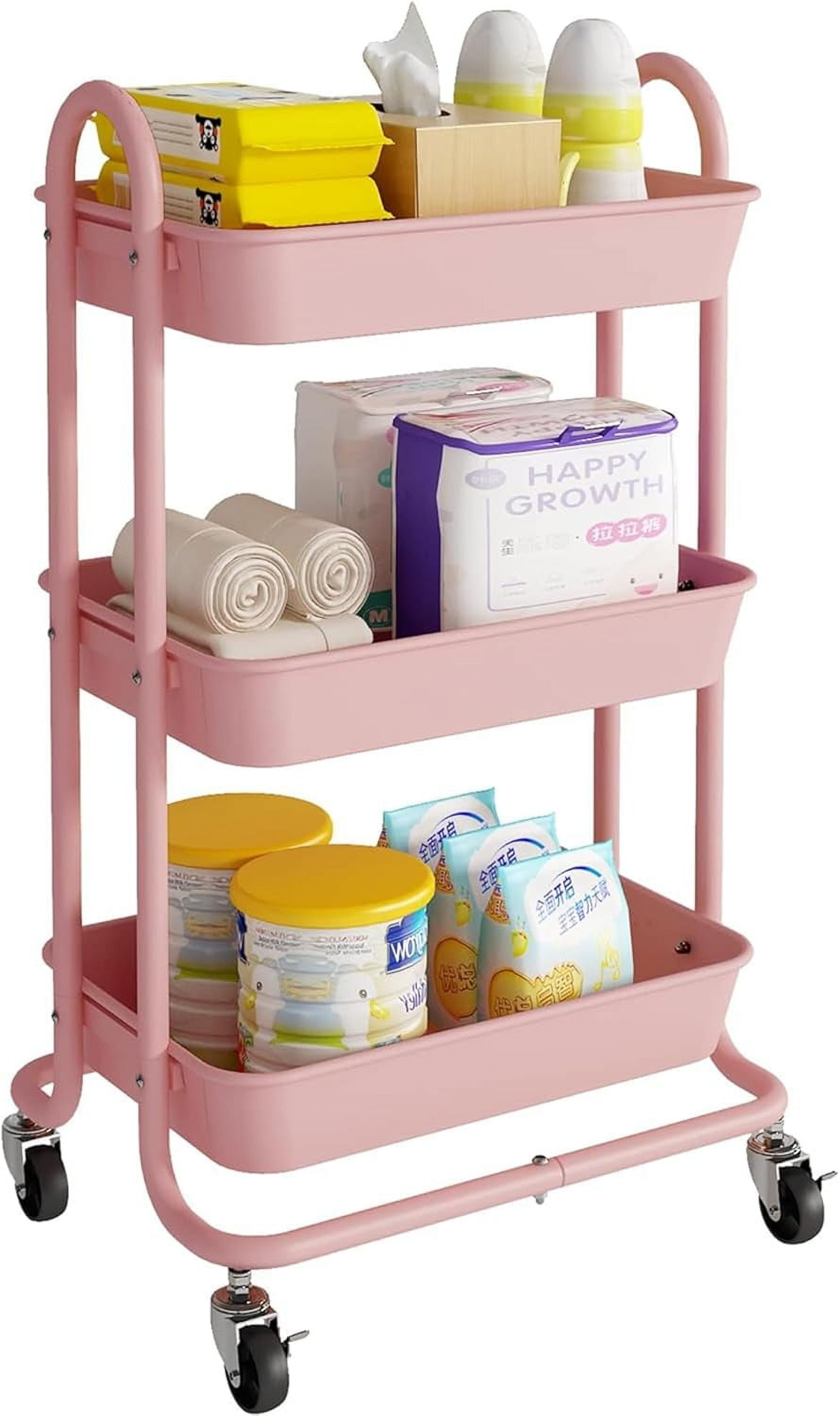 3-Tier Utility Rolling Cart with Plastic Baskets,Kitchen Storage Carts ...