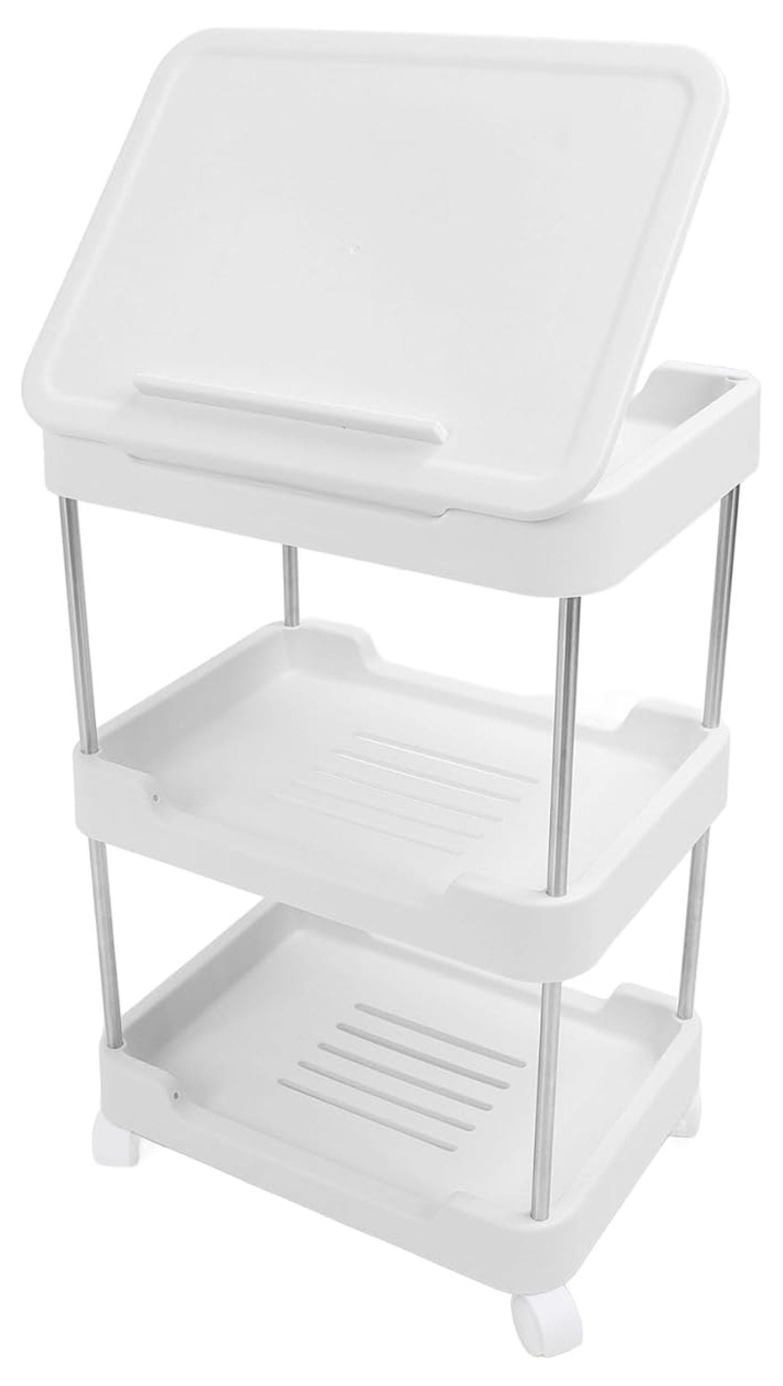 3 Tier Utility Rolling Cart with Table Top Book Holder, Plastic Tray ...