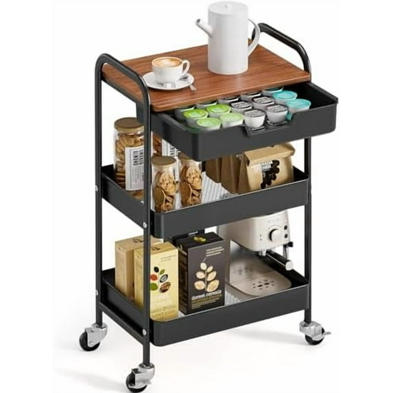 3-Tier Utility Rolling Cart with Wooden Board and Drawer, Metal Storage ...