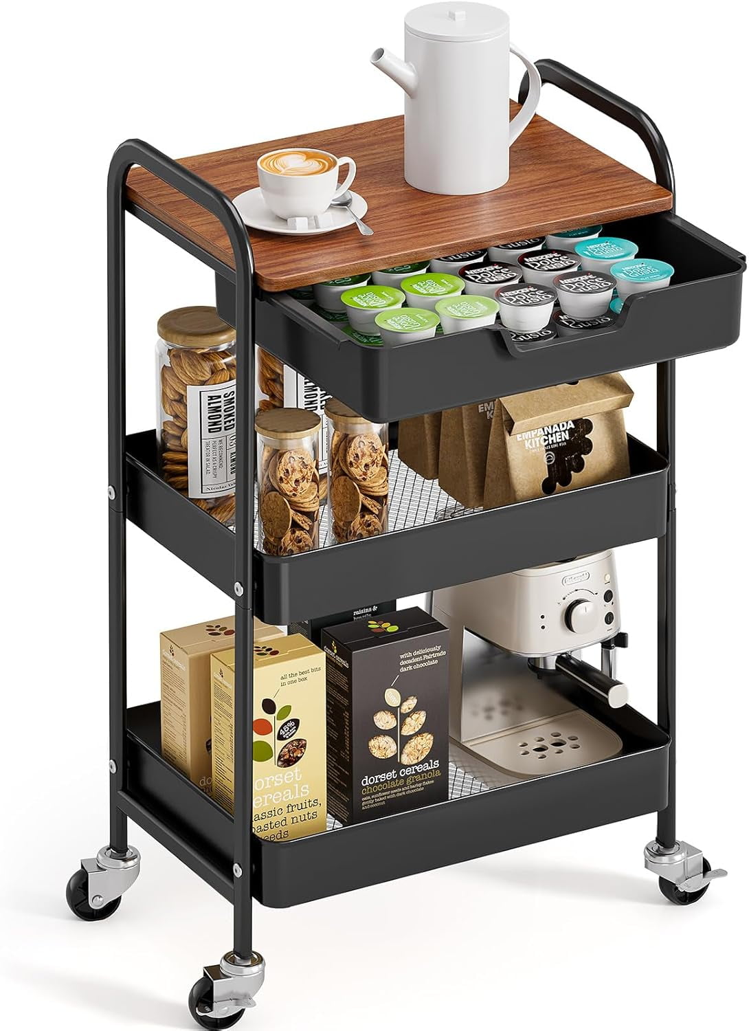 3-Tier Utility Rolling Cart with Wooden Board and Drawer, Metal Storage ...