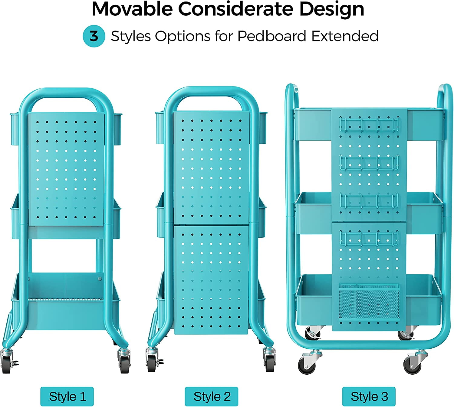 3-Tier Utility Storage Rolling Cart with Removable Pegboard & Extra ...