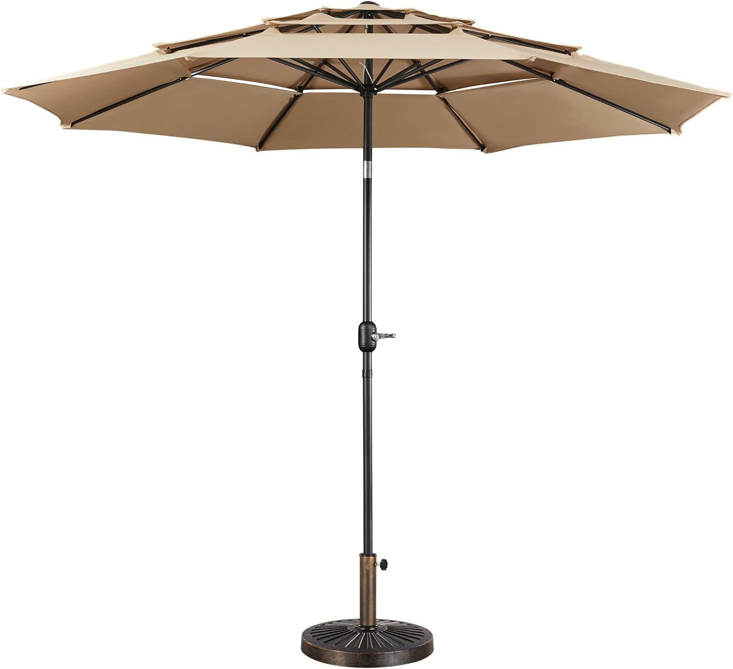 3-Tier Vented Patio Umbrella with Base - 10ft Patio Parasol w/ 8 Sturdy ...