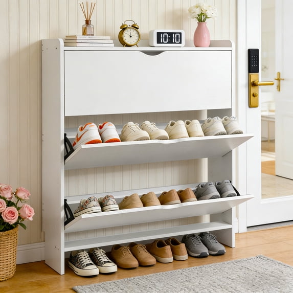3-Tier Vertical Flip MDF Shoe Cabinet with Baseboard Recess & Support ...