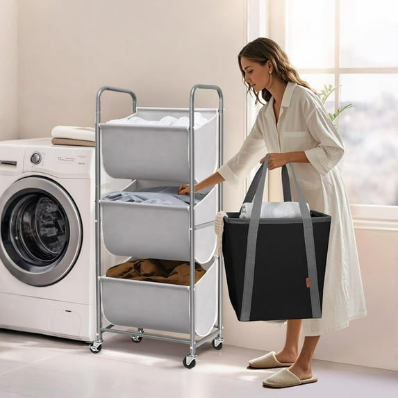 3-Tier Vertical Rolling Laundry Hamper, 120L Storage with Wheels & 3 ...