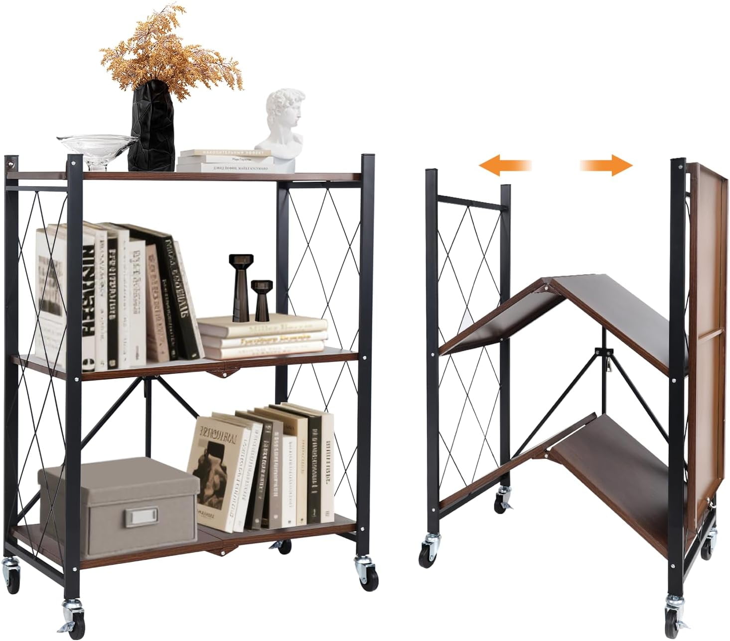 3 Tier Vintage Folding Shelf with Wheels, Portable Heavy Duty Storage ...
