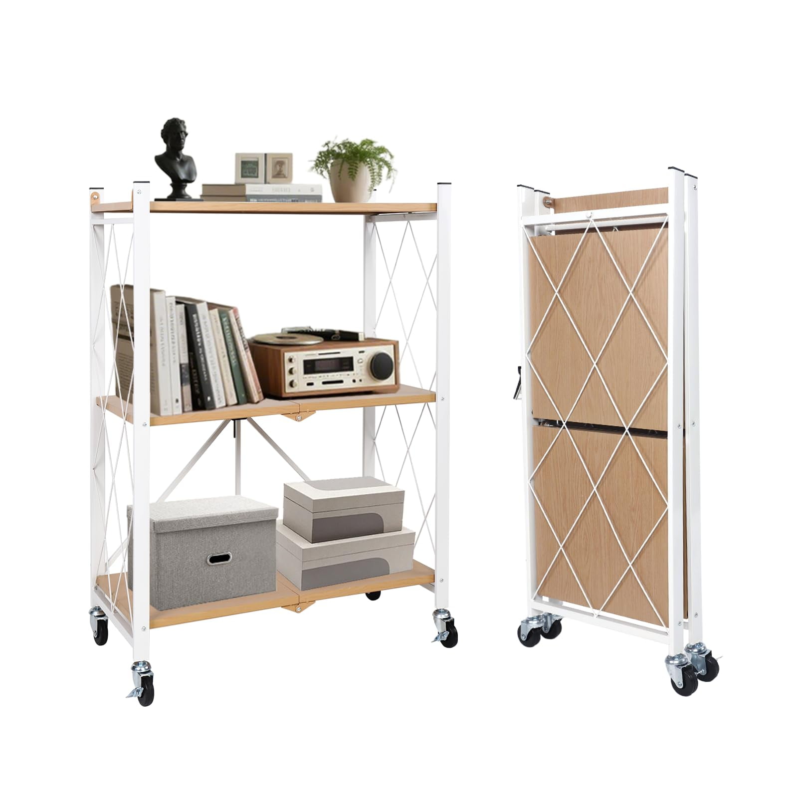 3-Tier Vintage Industrial Bookshelf - No Assembly Folding Storage Shelf ...