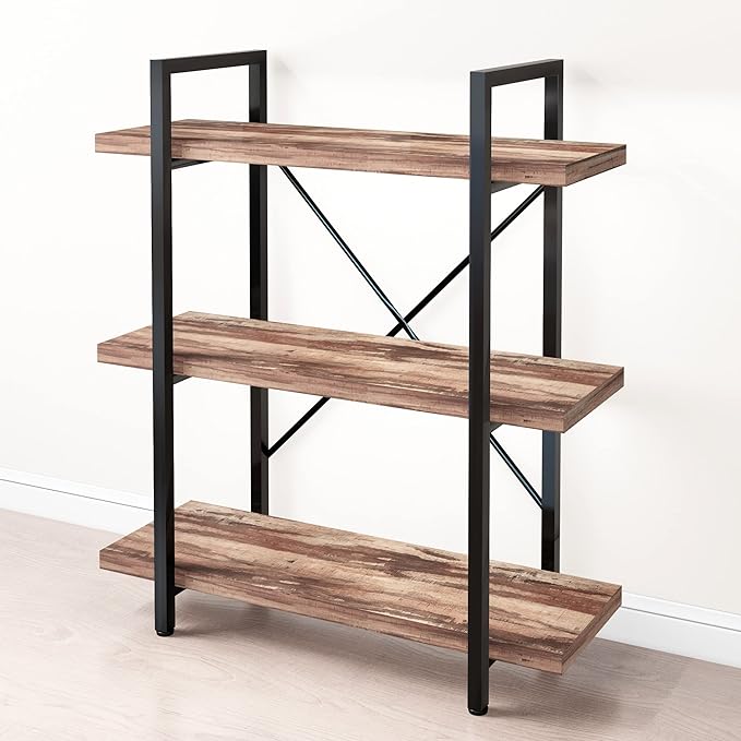 3 Tier Vintage Industrial Style Bookcase w/ Metal and Wooden Bookshelf ...