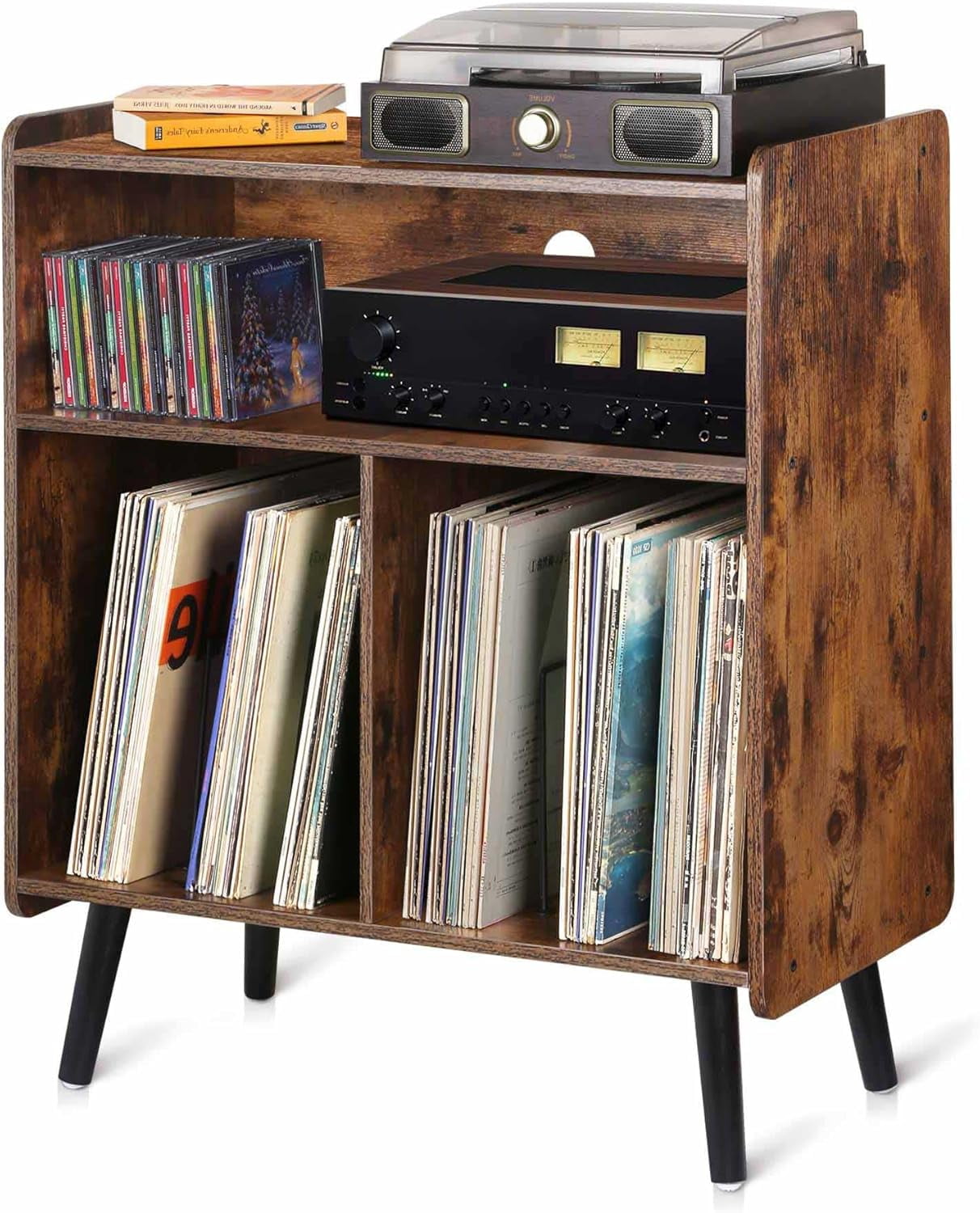 3-Tier Vintage Record Player Stand, Mid-Century Vinyl Record Storage ...