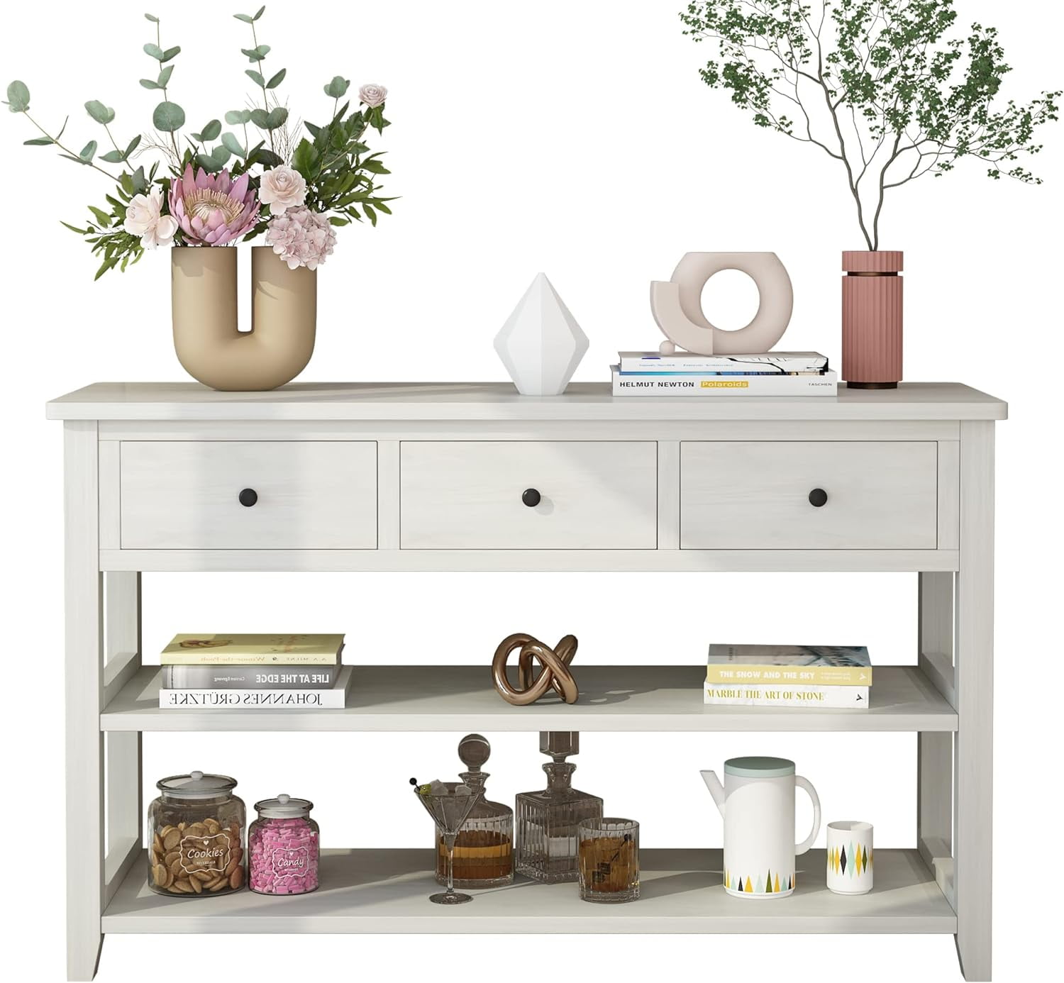 3 Tier Vintage Solid Console Table with 3 Drawers and Shelves, Industrial Console Table Coffee ...