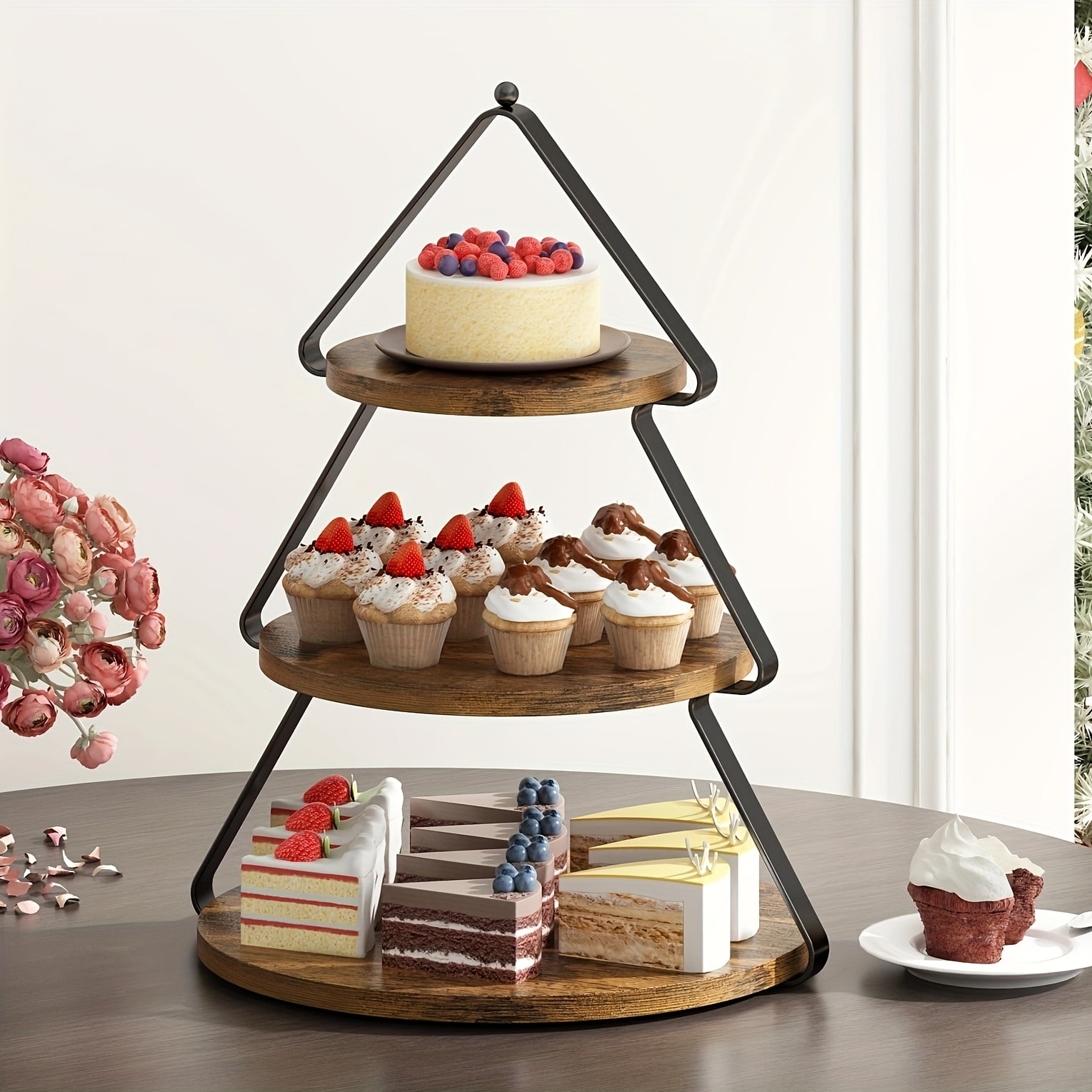 [3-Tier Vintage Wooden Dessert Stand] 1pc Cupcake Stand, Cake Tray Rack ...