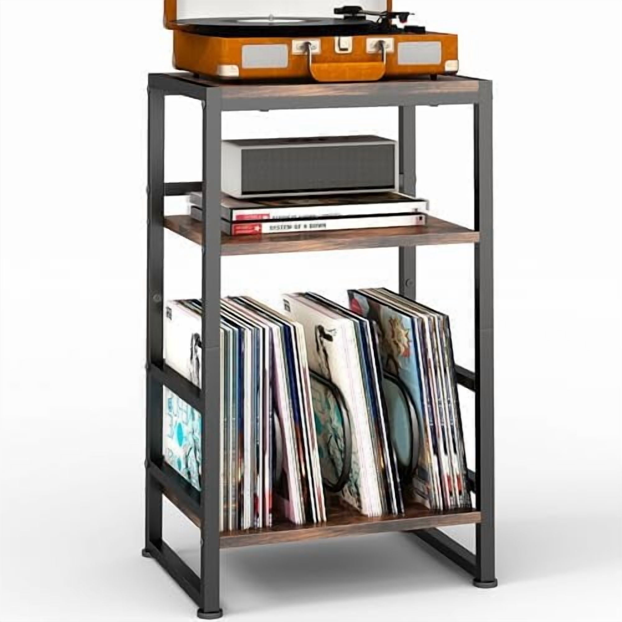3-Tier Vinyl Record Player Stand, End Table for Album Storage, 28" H ...