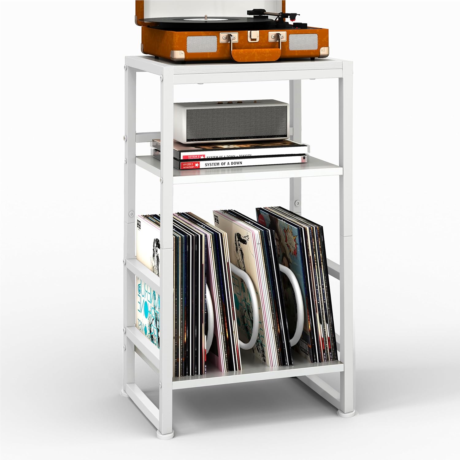 3-Tier Vinyl Record Player Stand, End Table for Album Storage, 28" H ...