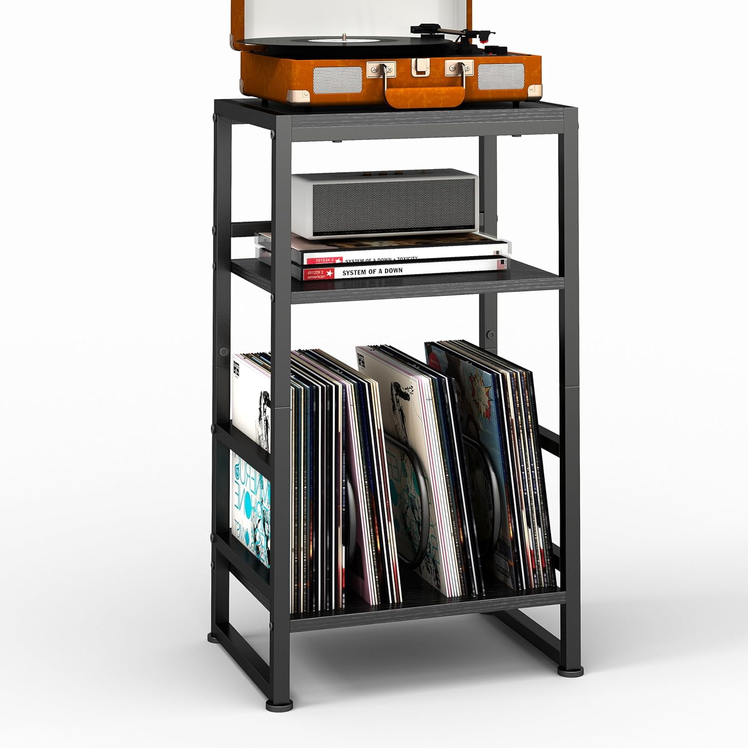 3-Tier Vinyl Record Player Stand, End Table for Album Storage, 28" H ...