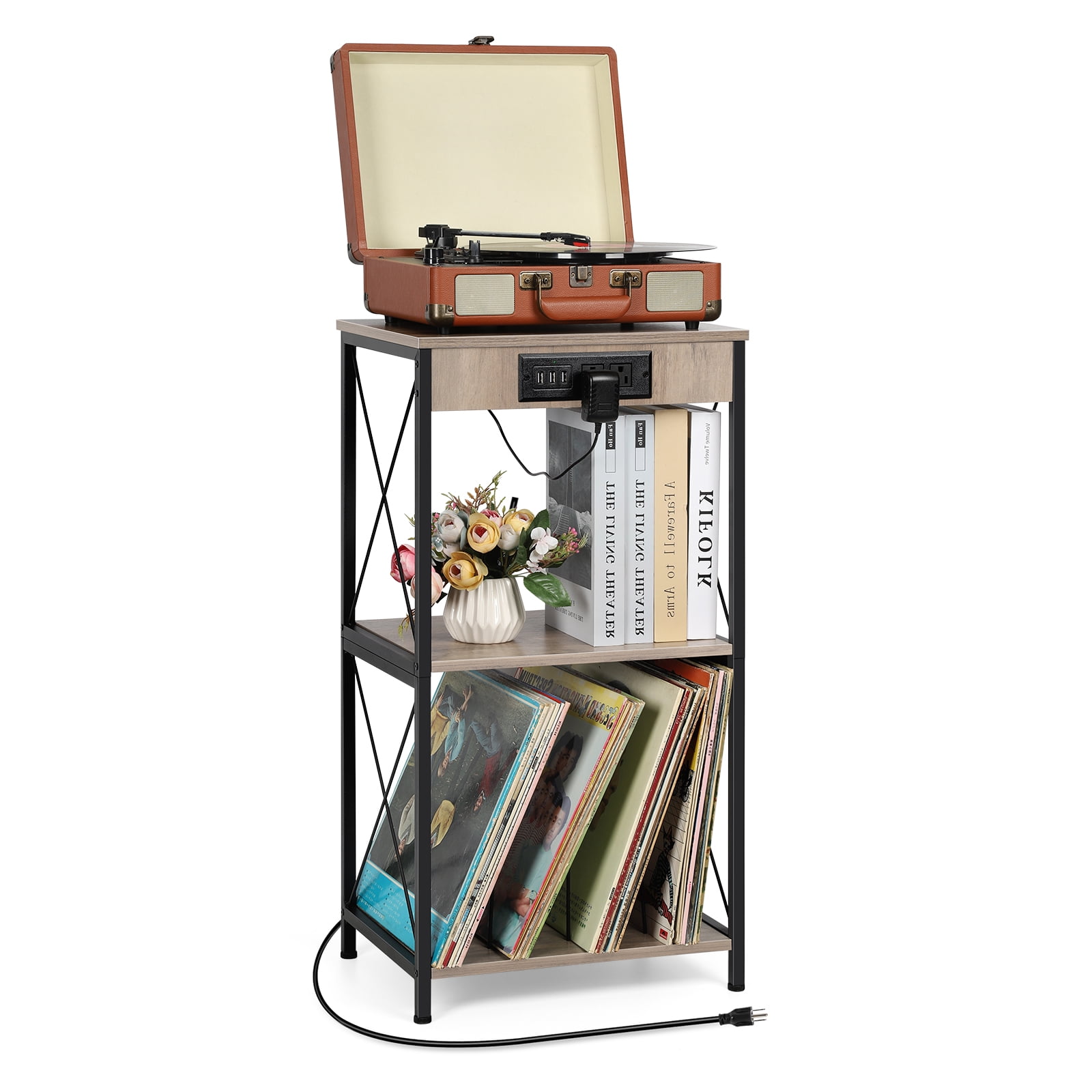 3 Tier Vinyl Record Player Stand Turntable Cabinet with Charging ...
