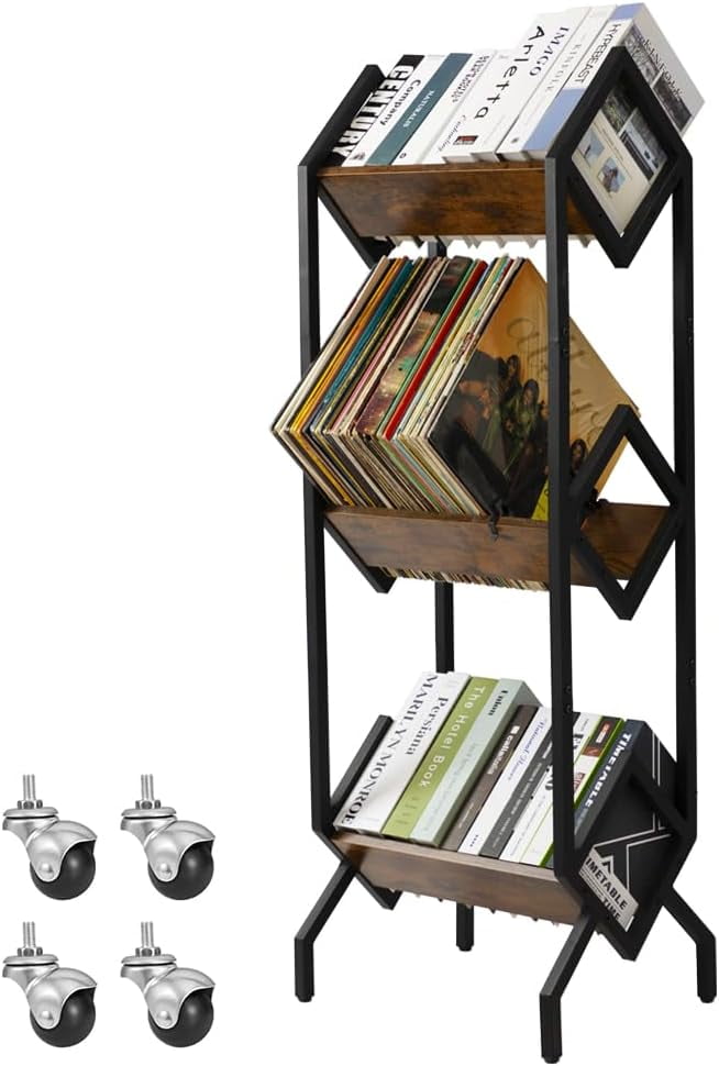 3 Tier Vinyl Record Storage Rack, 150-200 LP Storage Shelf, Mobile ...