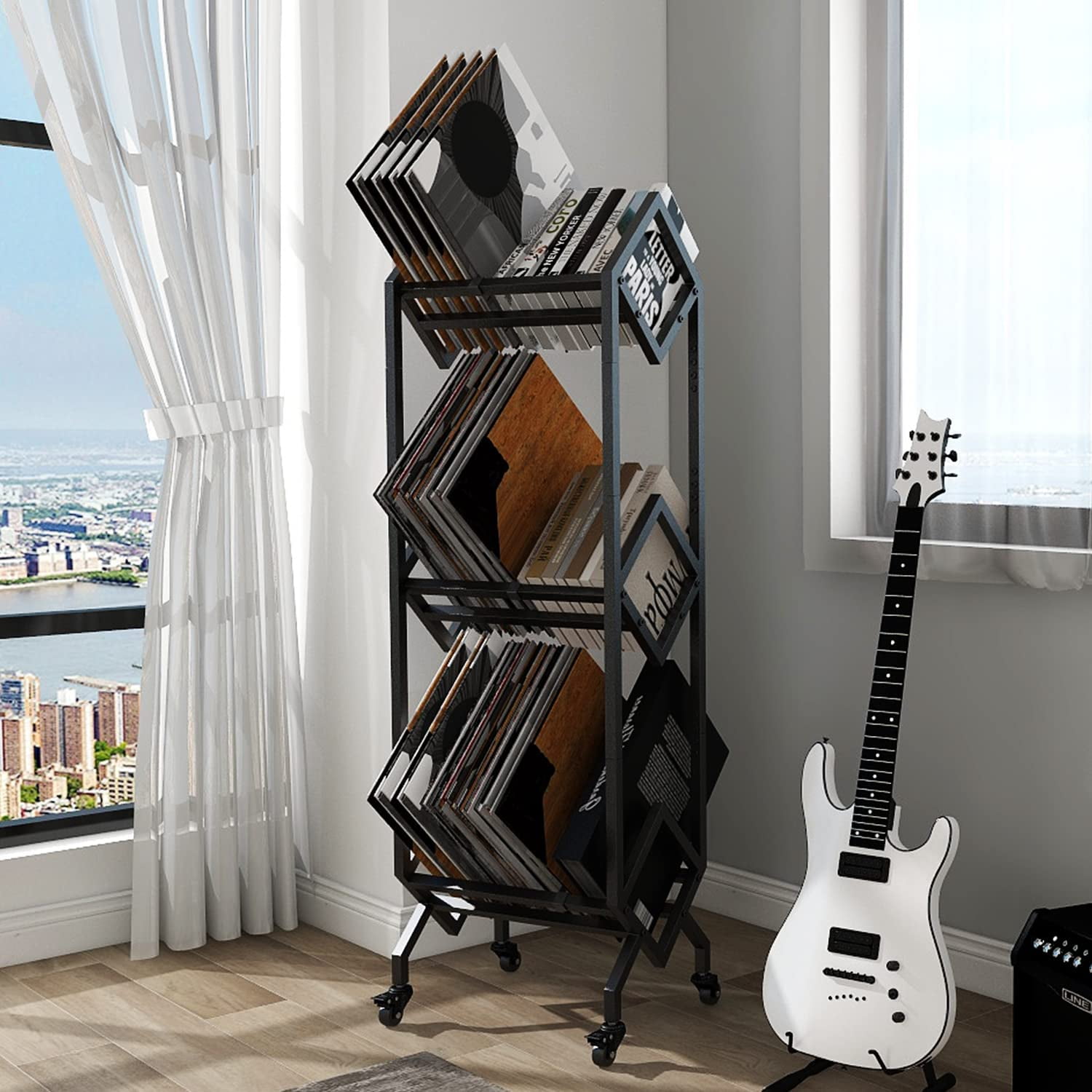 3 Tier Vinyl Record Storage Rack, Mobile Black Metal LP Storage Display ...
