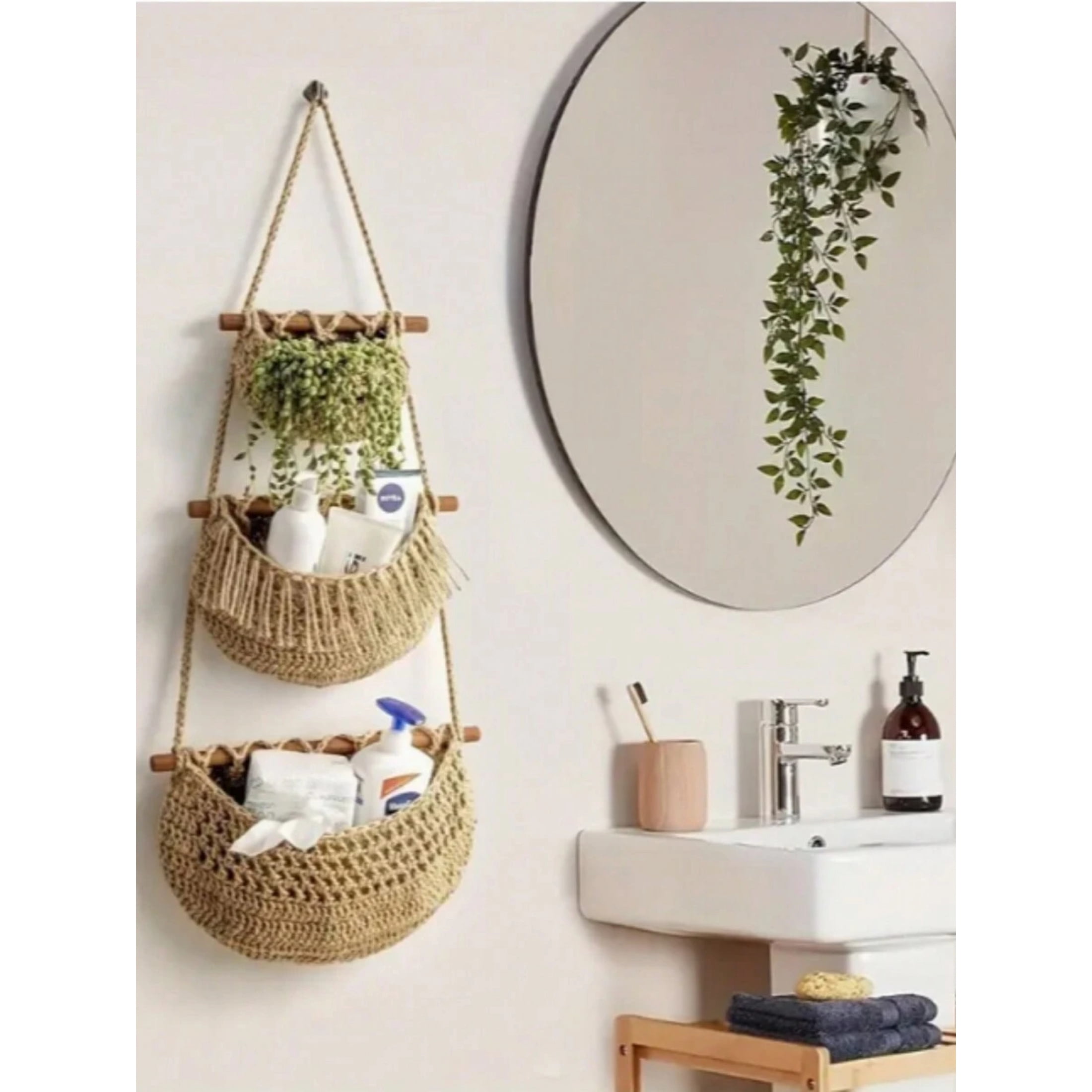 3-Tier Wall Hanging Storage Basket, Handwoven Rope Wall Organizer ...