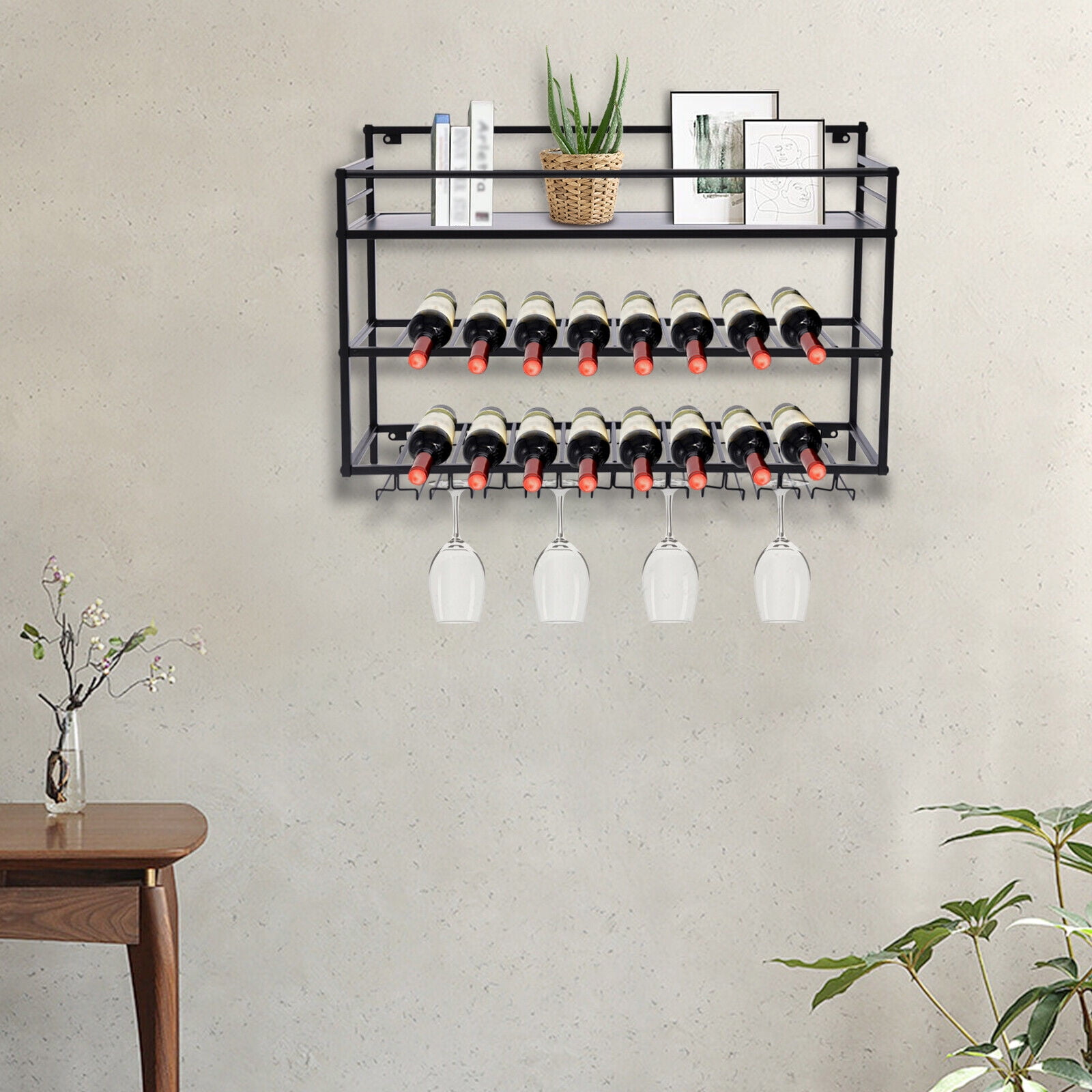 3-Tier Wall-Mounted Metal Wine Bottle Rack Wine Glass Holder Shelf Bar ...