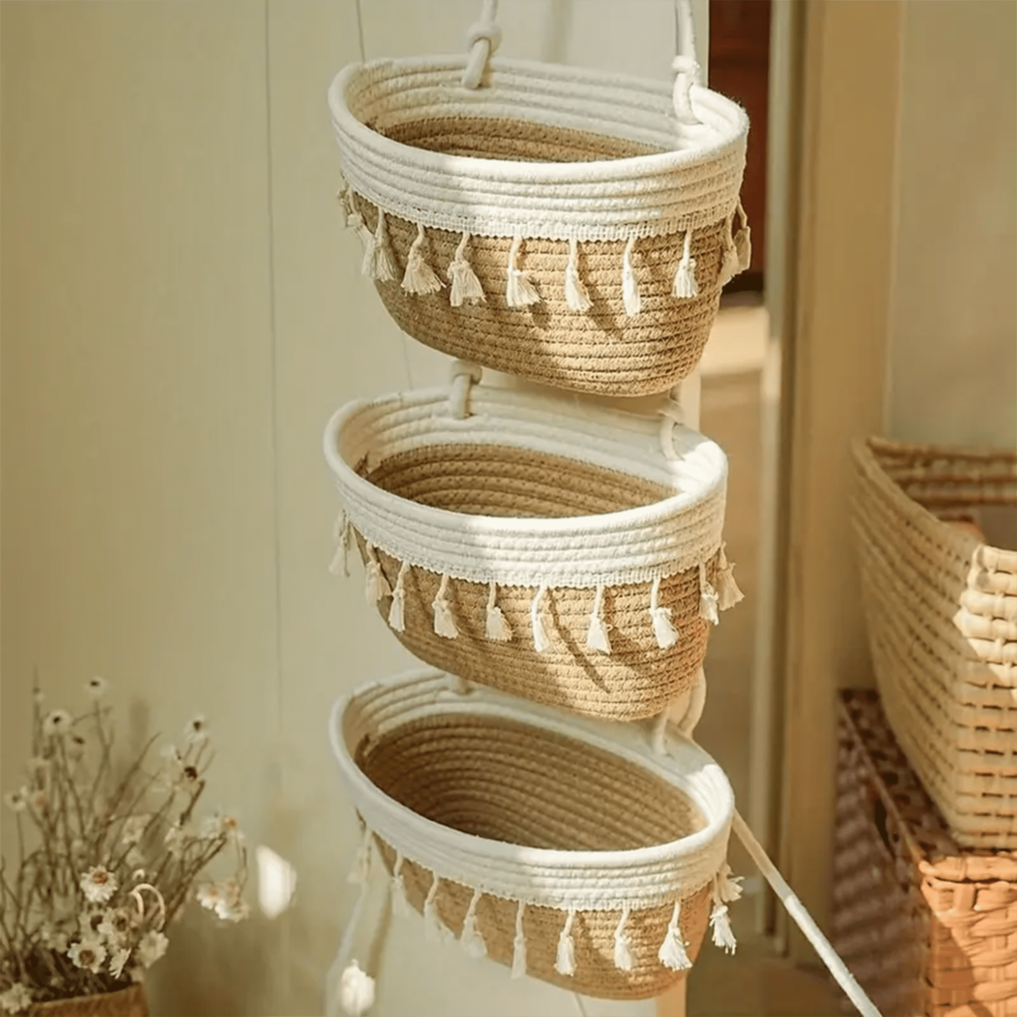 3 Tier Wall Mounted Storage Basket Hanging Basket with Cotton Rope for Books Toys Closet Living Room Boho Home Decorative
