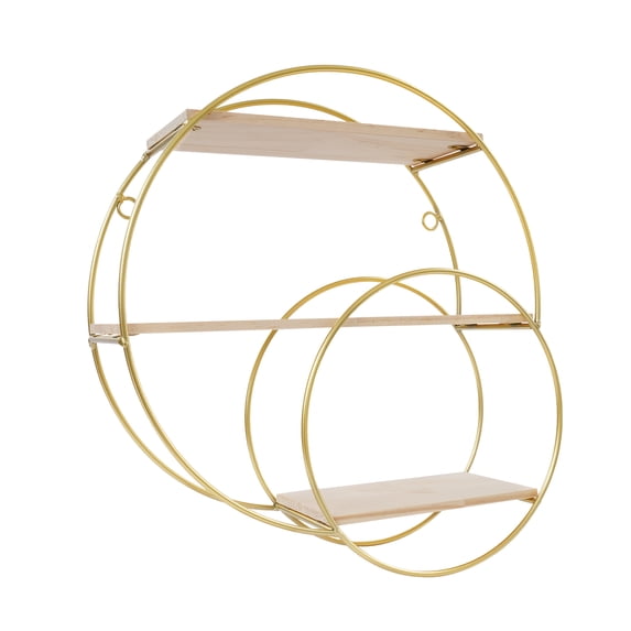 3-Tier Wall Mounted Storage Rack, Golden Modern Round Iron Pine Wood ...