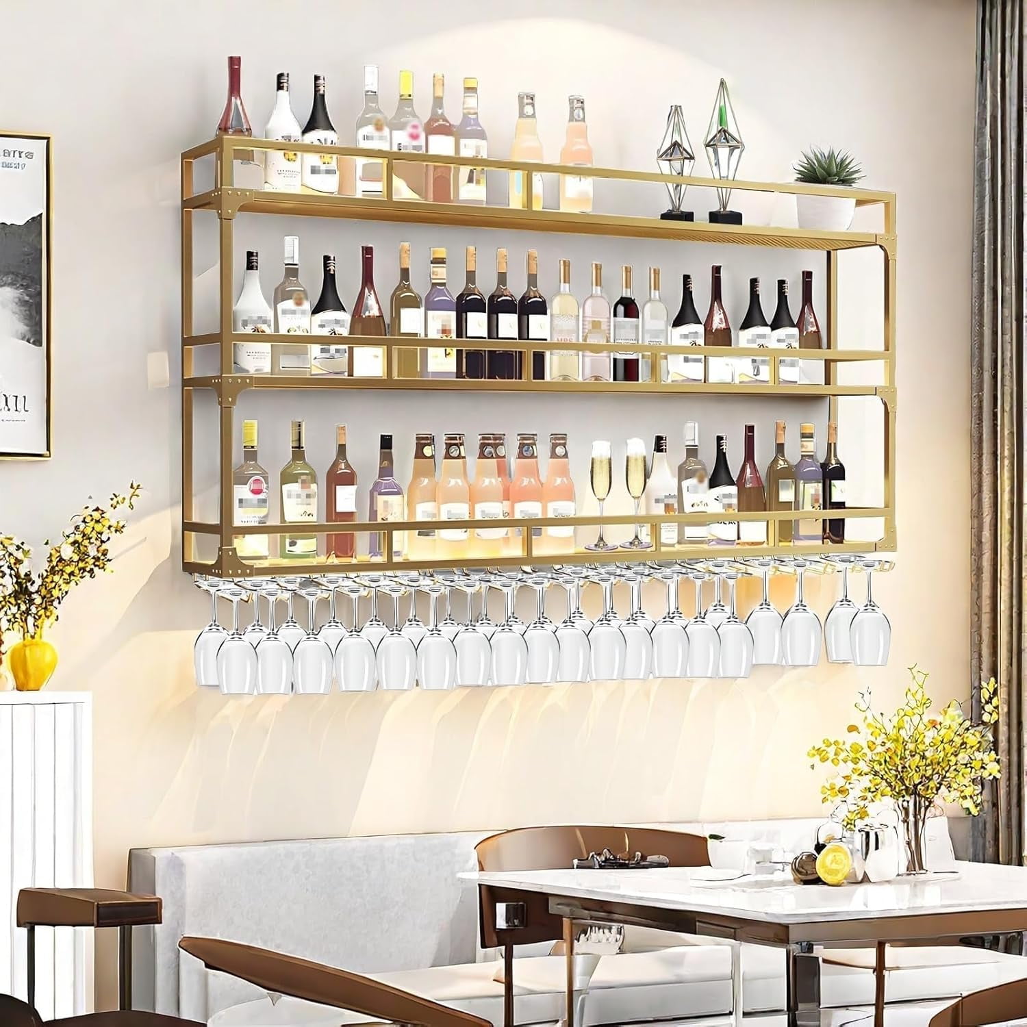 3-Tier Wall Mounted Wine Rack with LED Light, Stylish Wall Bar Shelves ...