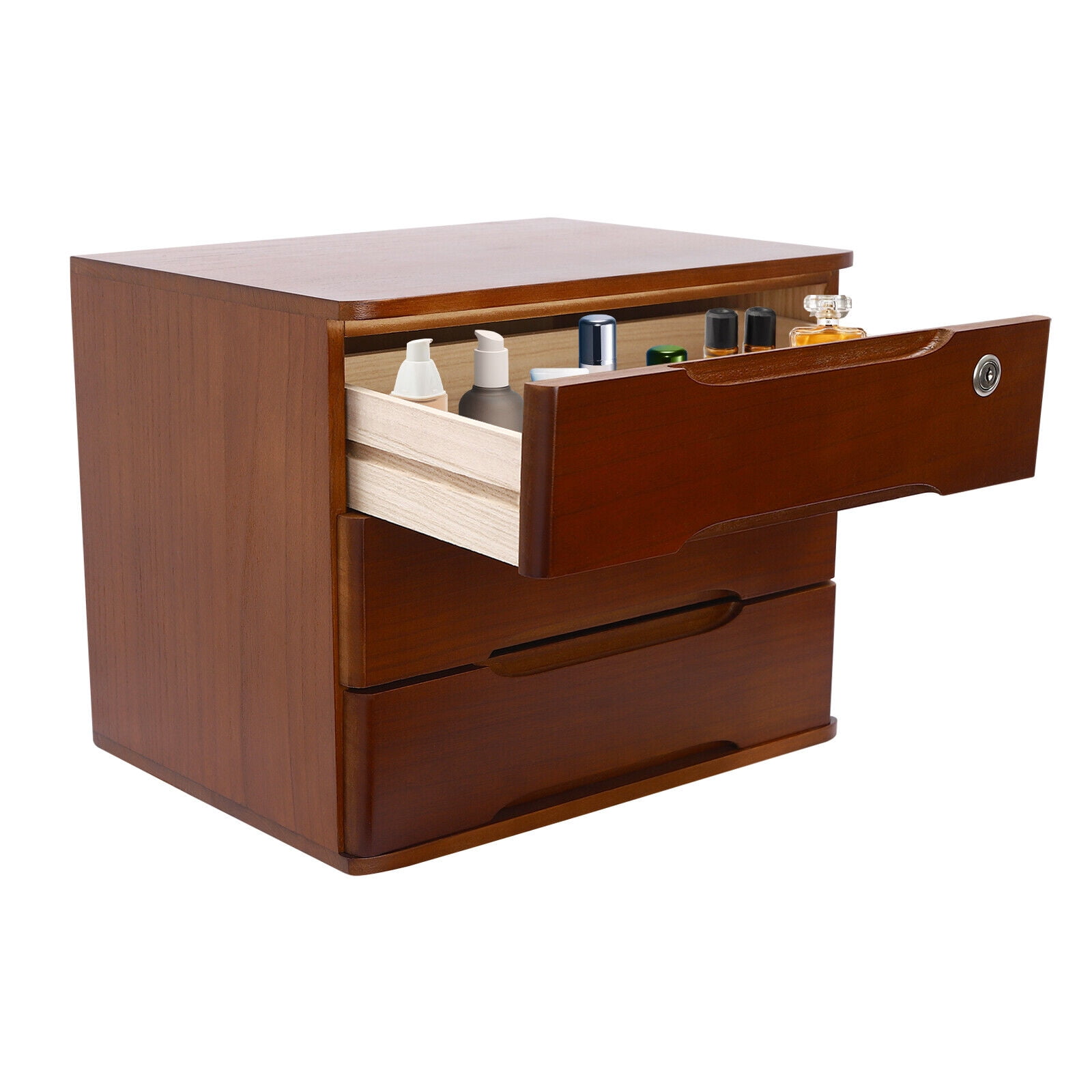 3-Tier Walnut File Cabinet Organizer Desktop Storage Box with Lockable ...