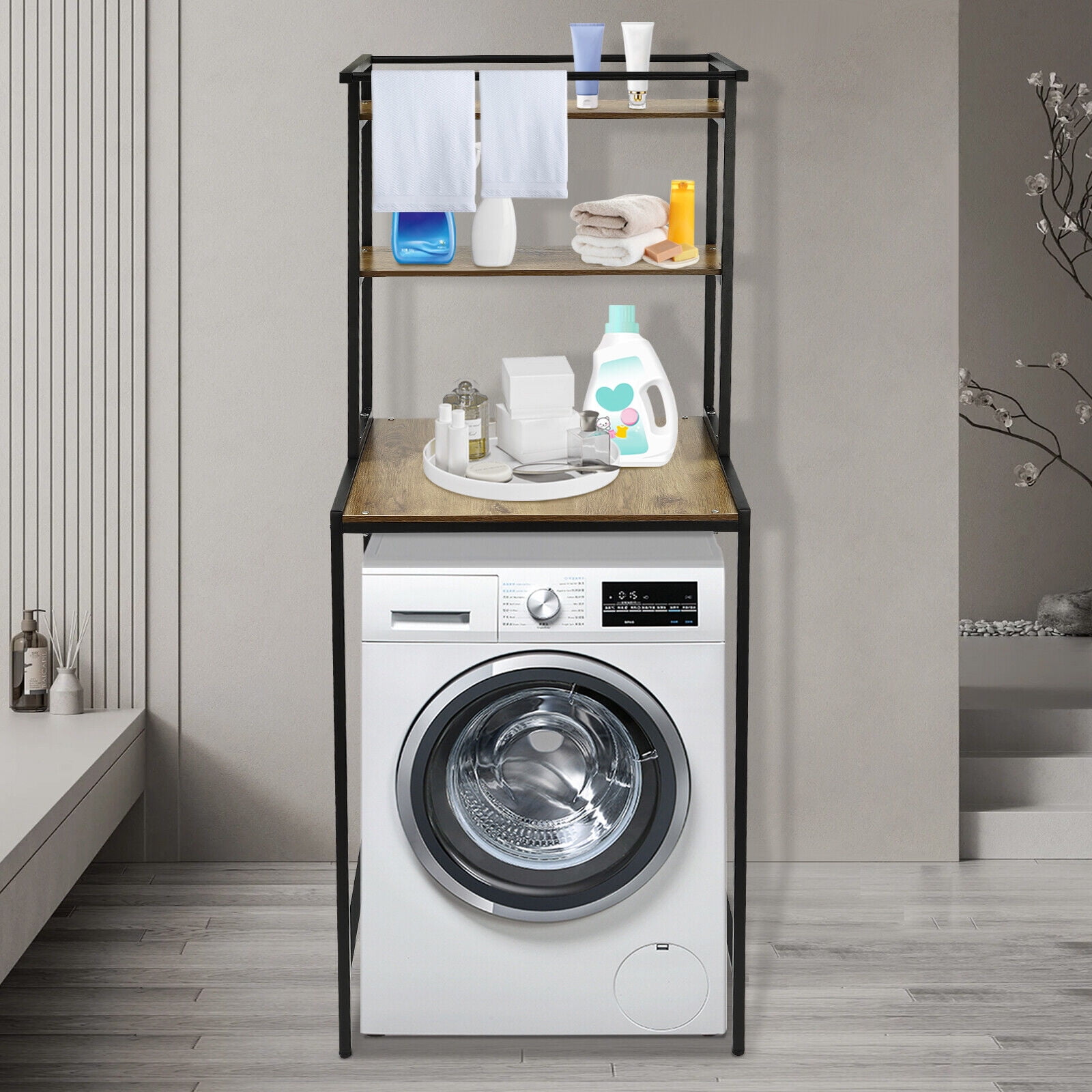3-Tier Washer and Dryer Storage Rack, Black & Oak, Durable, Adjustable ...