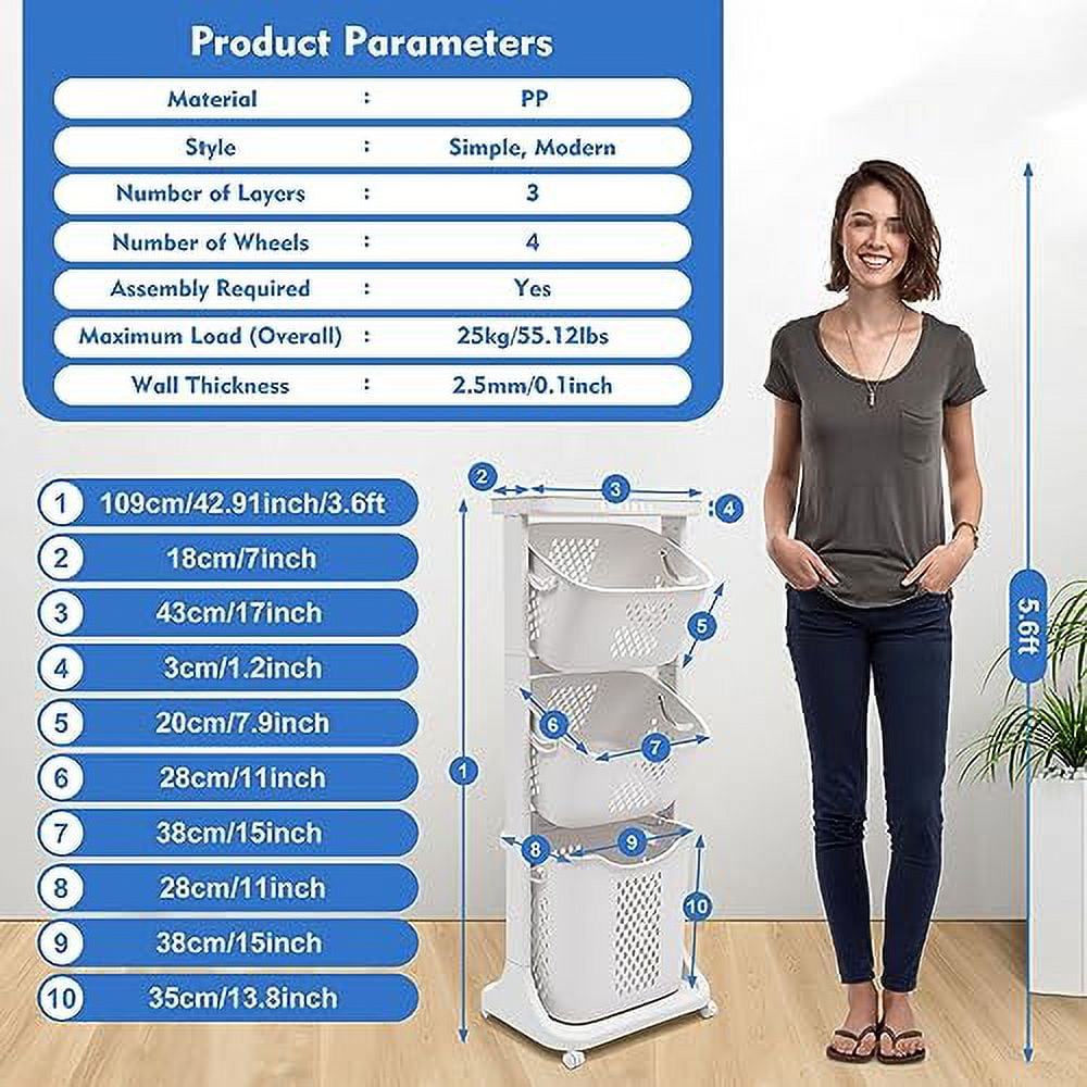 3 Tier Washing Hamper Dirty Clothes Storage Bin Multi Layer Rolling ...