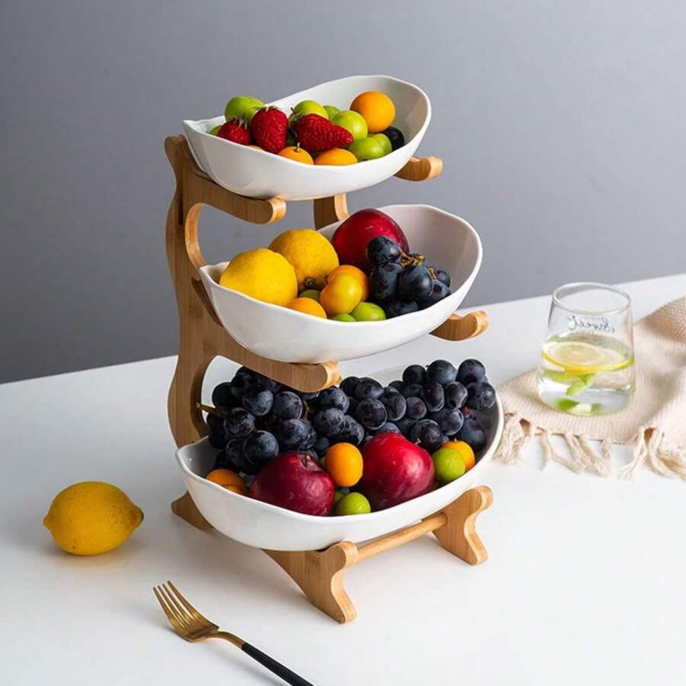 3-Tier White Ceramic Fruit Bowl with Bamboo Stand, Multi-Use Storage ...