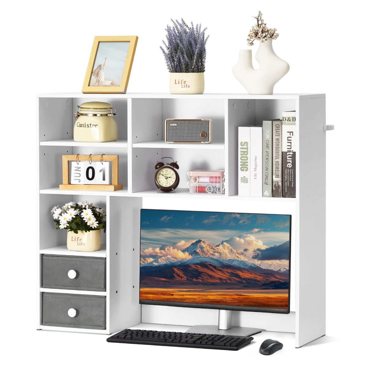 3 Tier White Desktop Bookshelf With 2 Fabric Drawers Particle Board ...