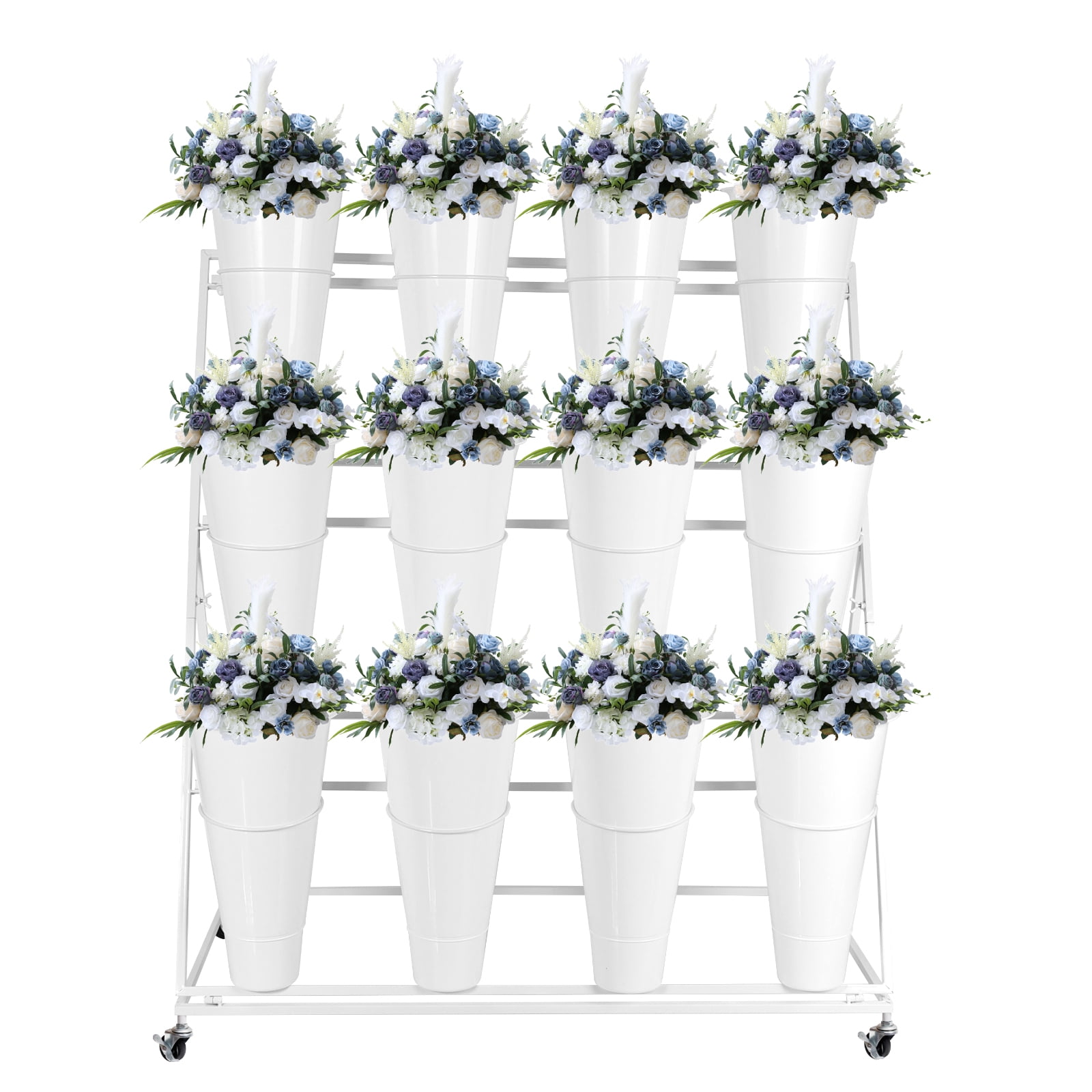 3 - Tier White Flower Display Cart with 4 Wheels, 12 White Pots, for ...