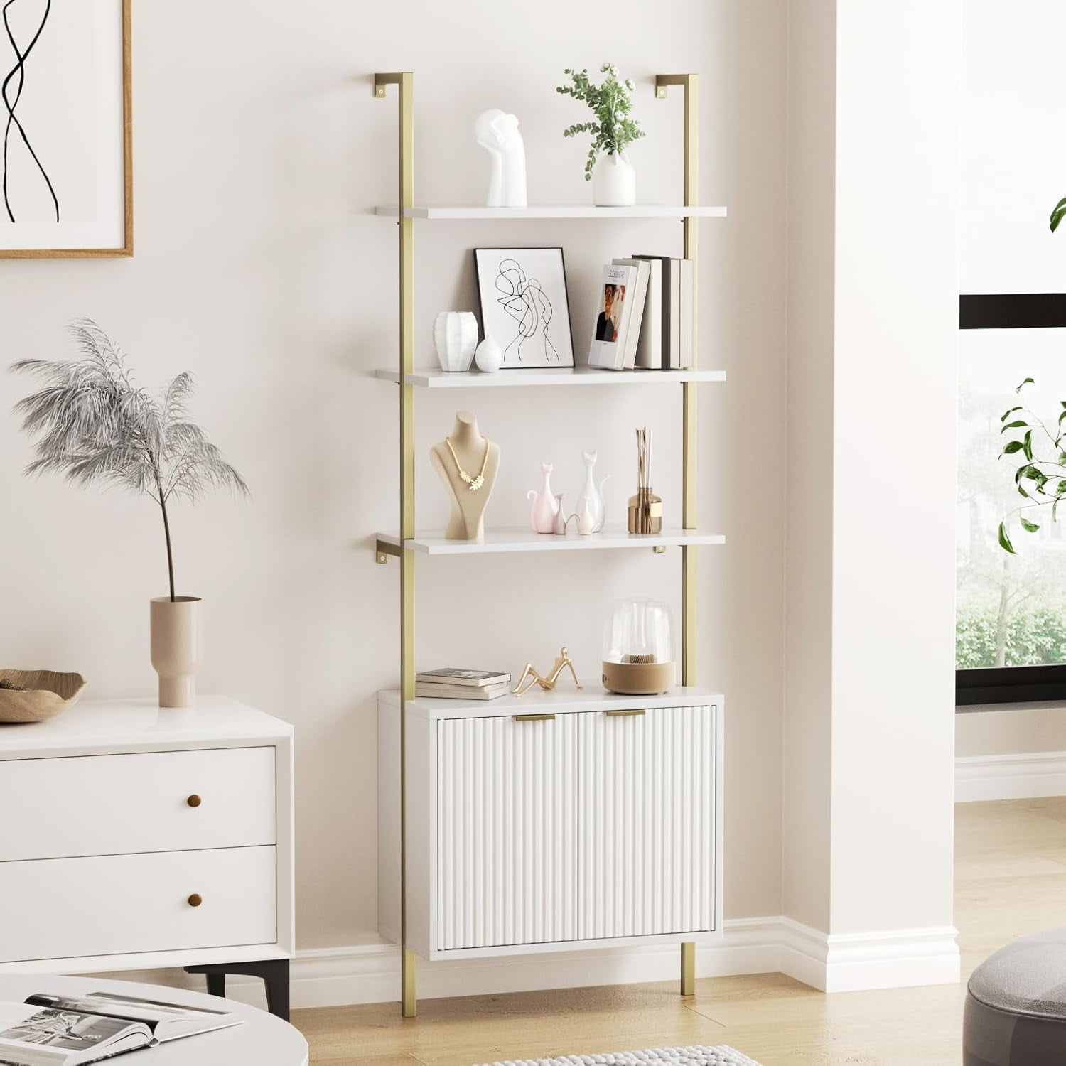 3 Tier White & Gold Ladder Shelf with Storage Cabinet, Modern Ladder ...