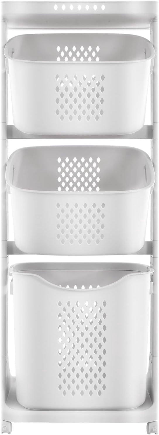 3 Tier White Laundry Baskets,Free Standing Rolling Laundry Hamper Cart ...