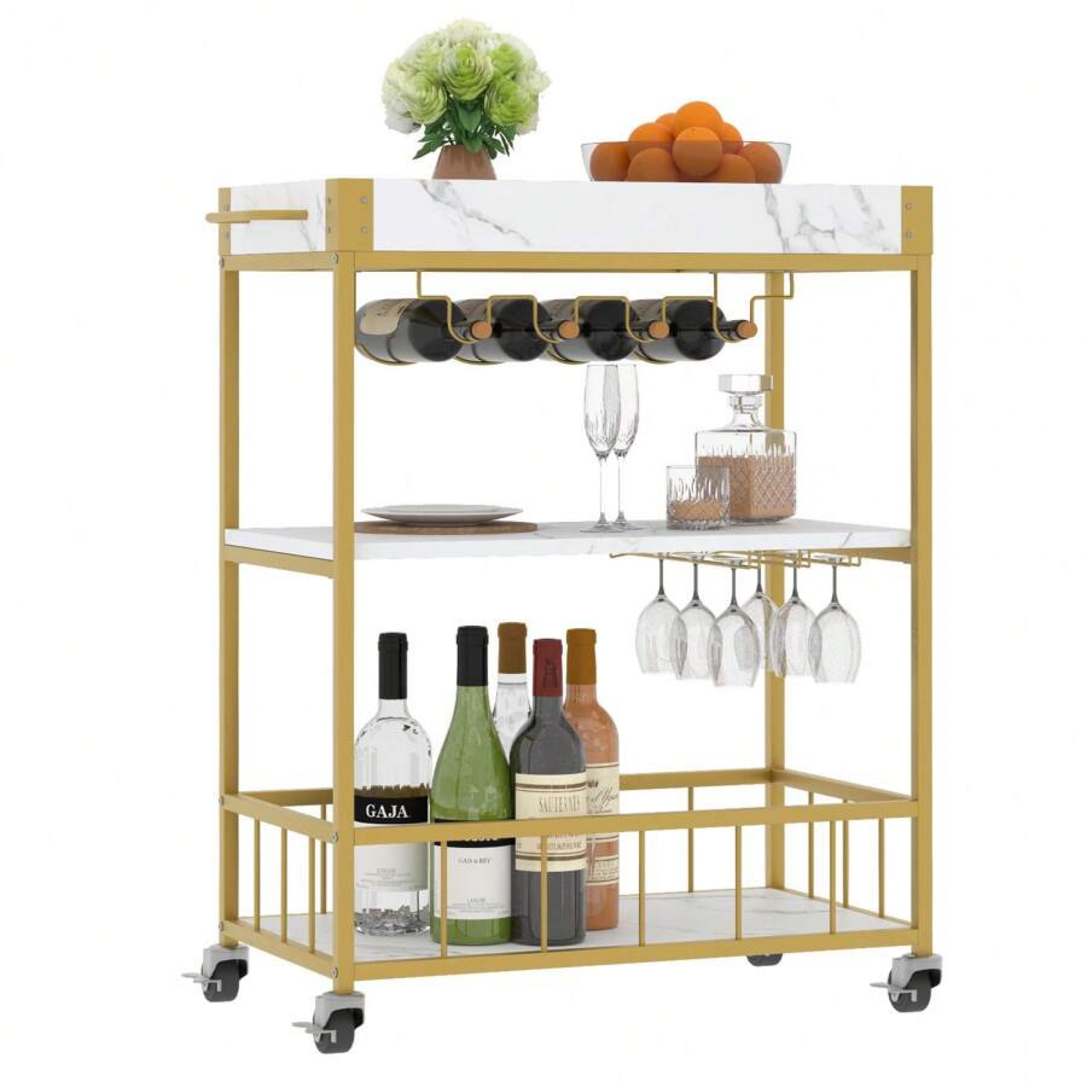 3-Tier White Marble Bar Cart with Removable Trays, Wine Rack & Glass ...