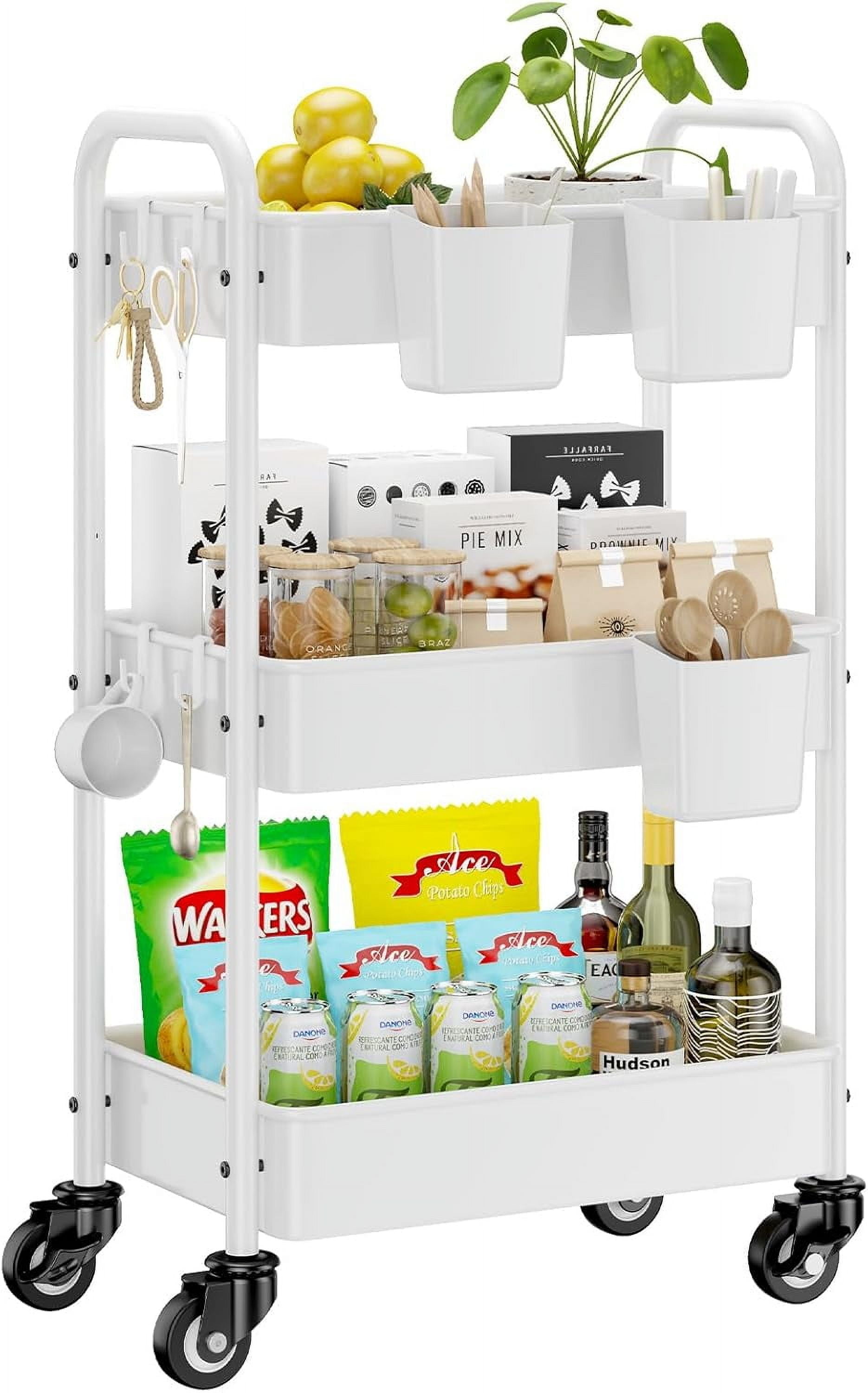 3 Tier White Rolling Cart, Metal Utility Cart on Wheels with 3 Hanging ...