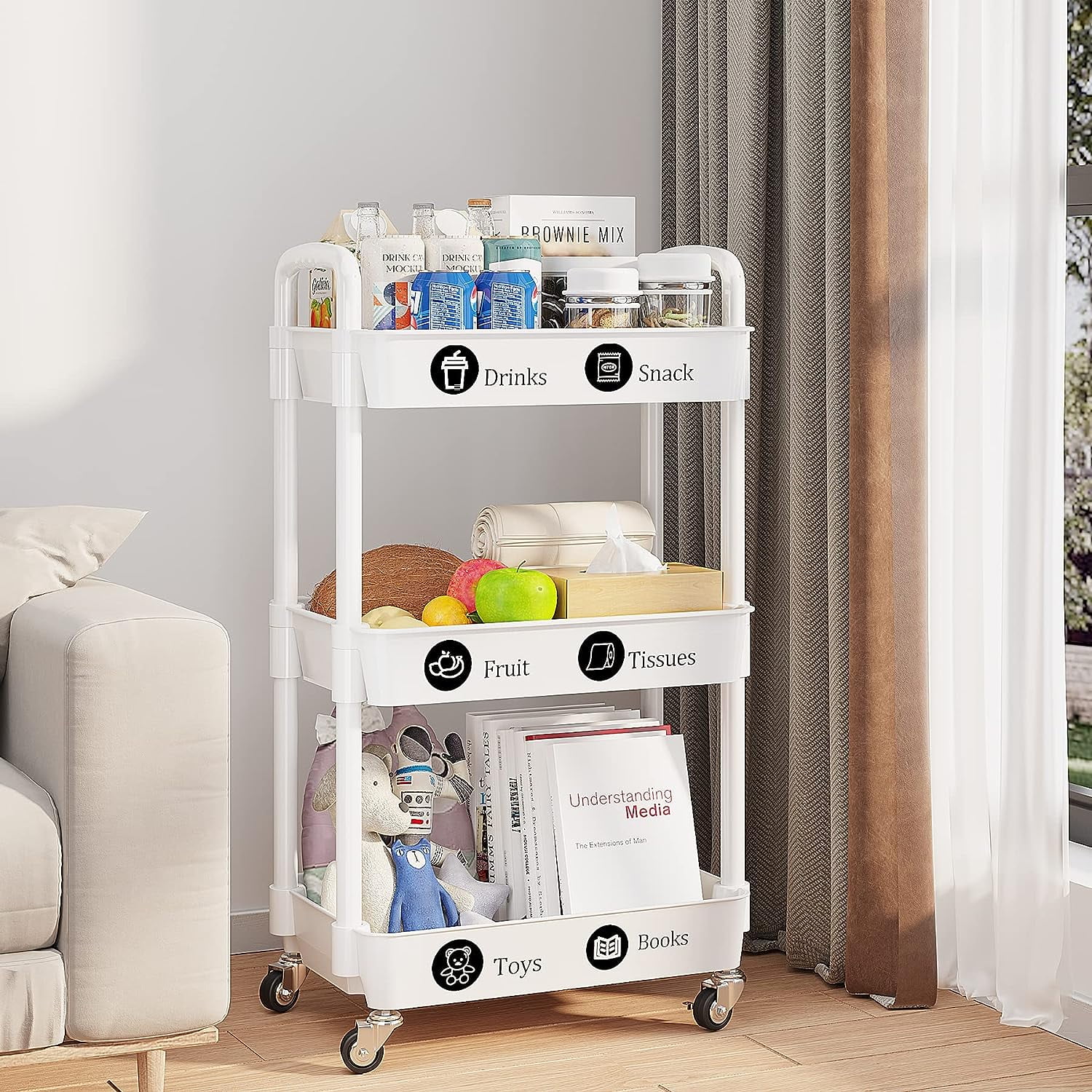 3-Tier White Rolling Utility Cart - 12 Category Labels, Handle ...