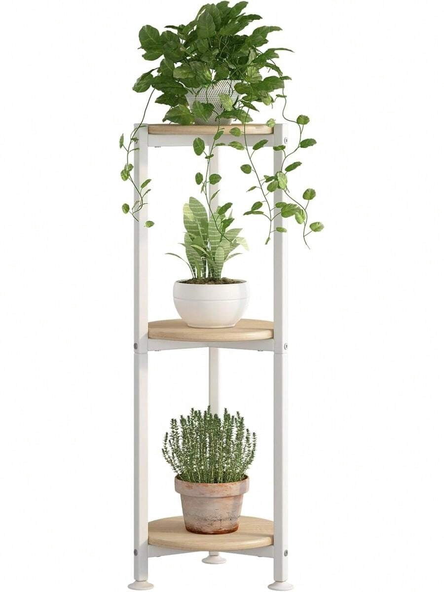3 Tier White Round Metal Plant Stand With Natural Wood Shelves For ...