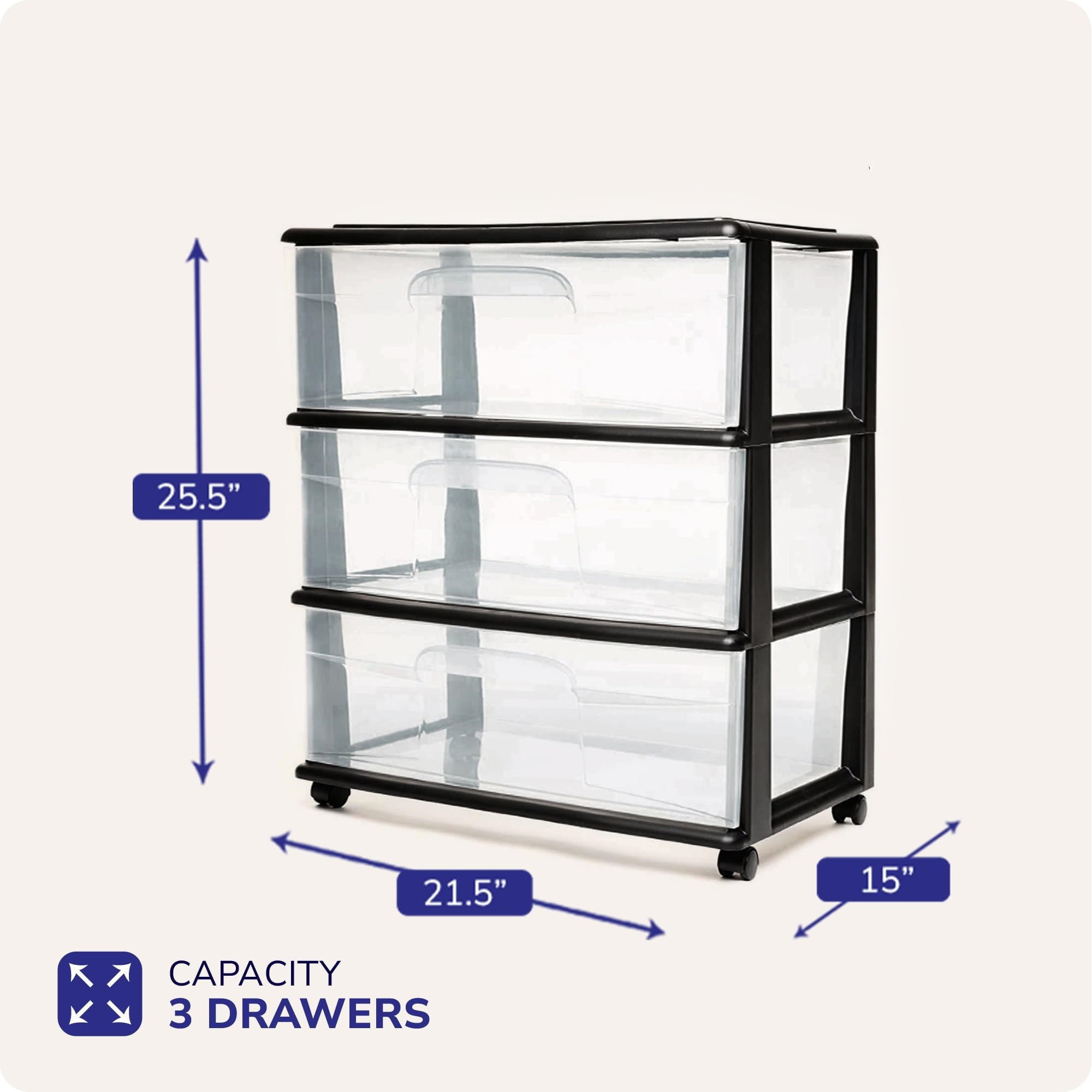 3-Tier Wide Clear Plastic Storage Organizer Cart, Drawer Tower, Black ...