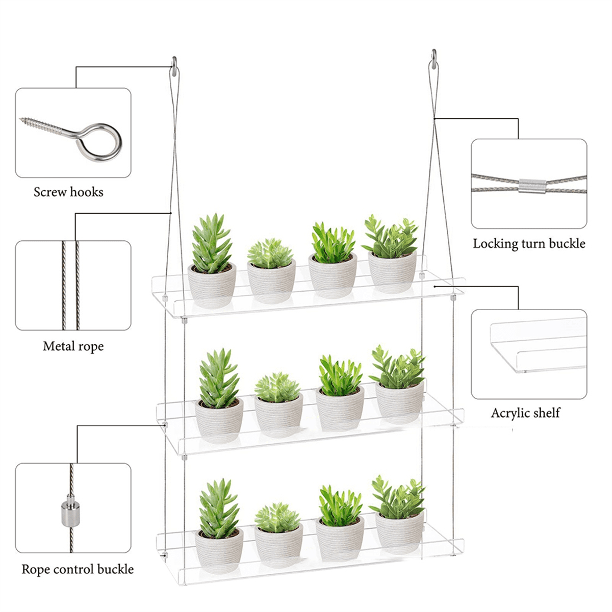3-Tier Window Plant Shelves 16 Inch, Acrylic Adjustable Hanging ...