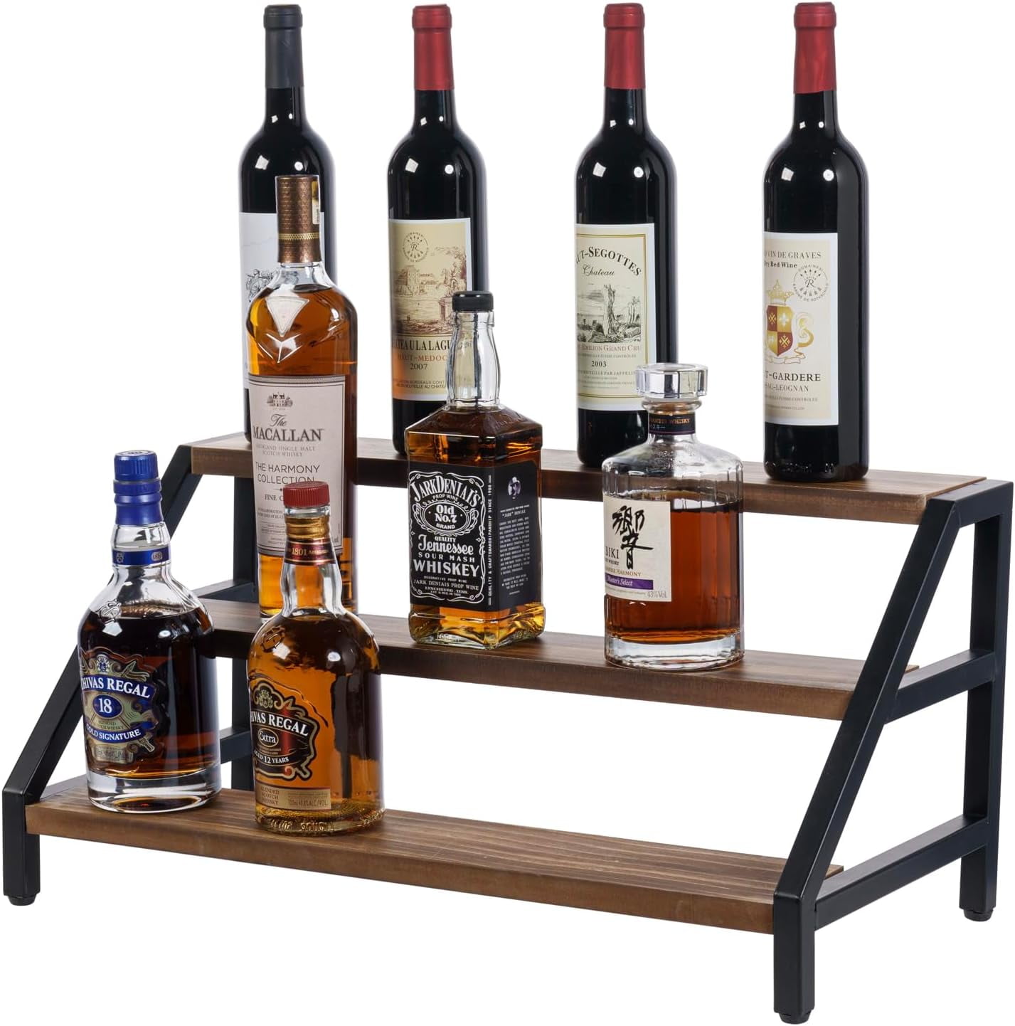 3 Tier Wine Bottle Rack, Industrial Matte Black Metal and Rustic Burnt ...