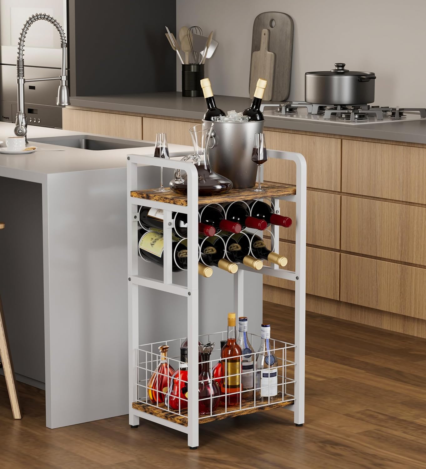 3-Tier Wine Rack Freestanding Floor with Wood Top, Liquor Stand with ...